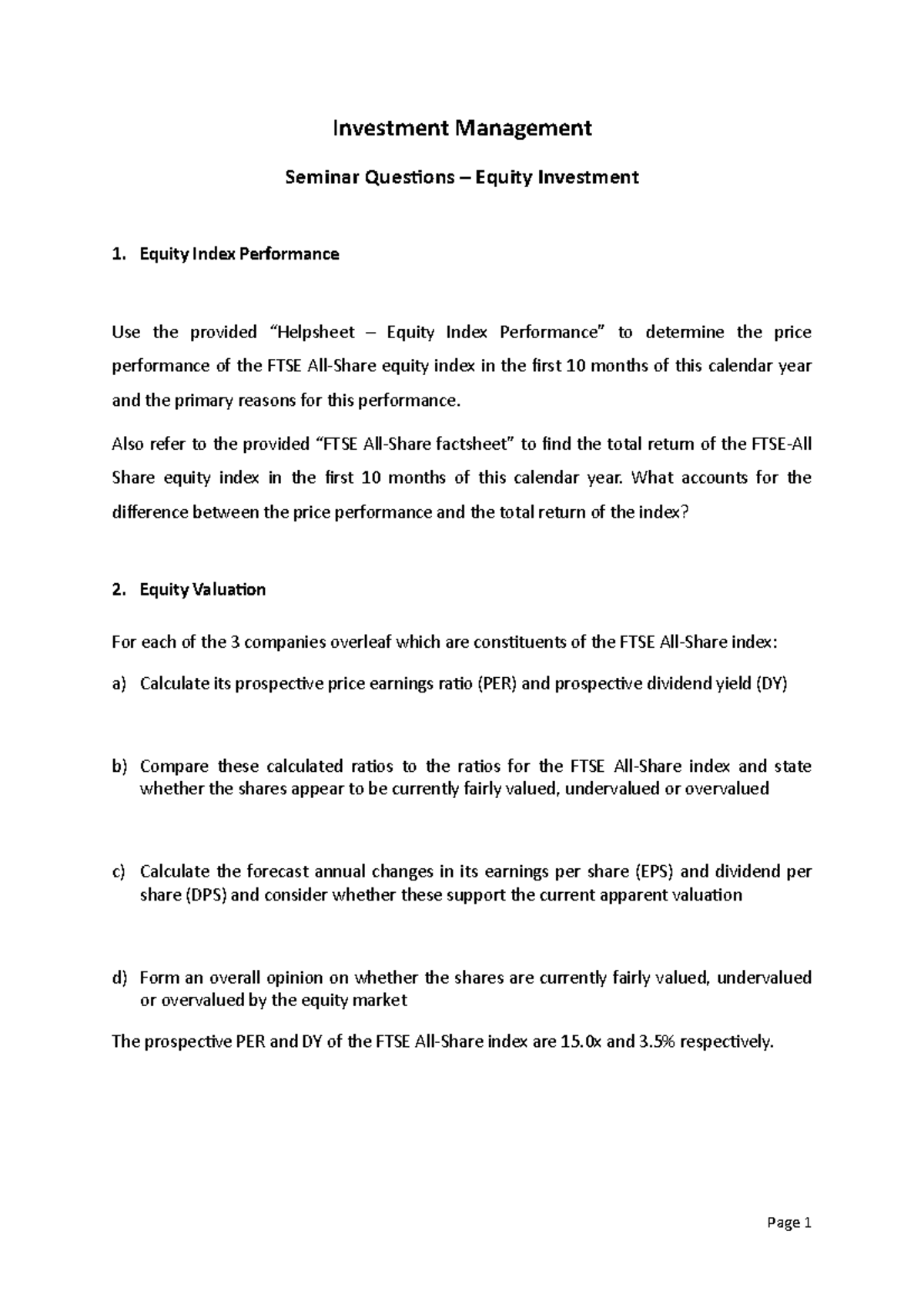 Equity - Seminar Qs - Investment Management Seminar Questions – Equity ...