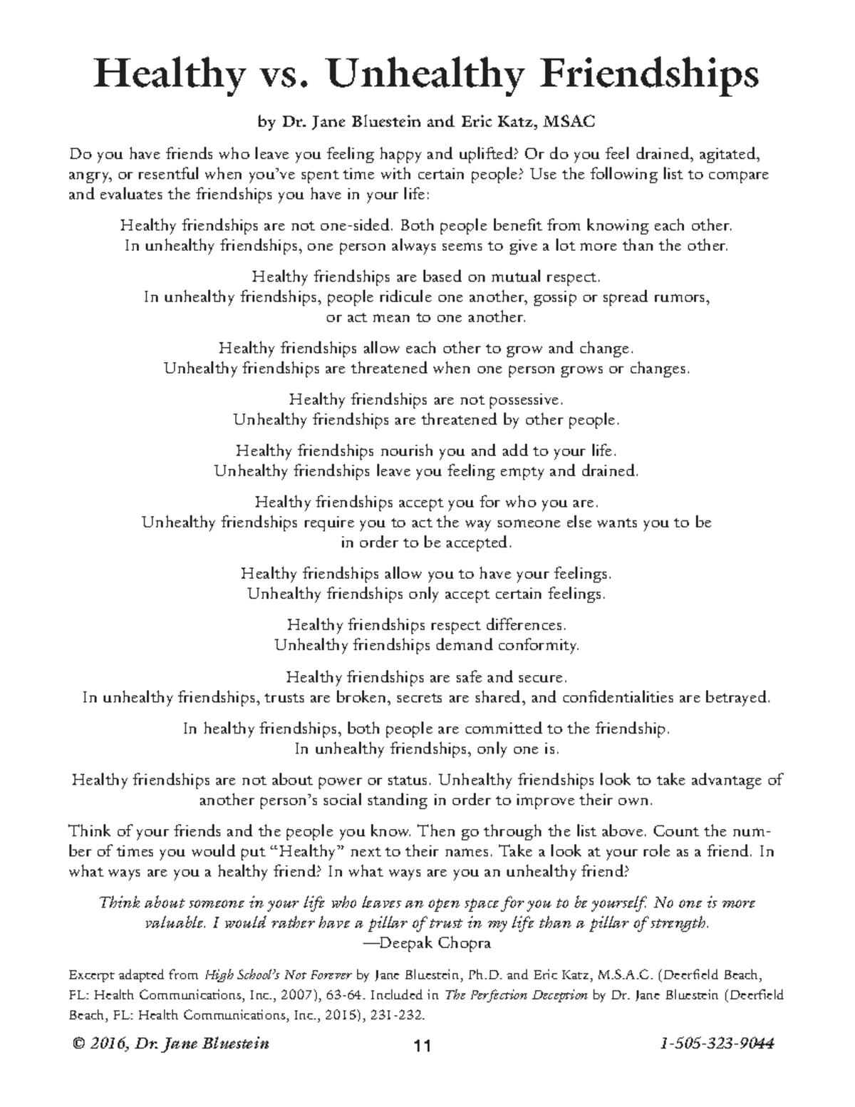 Healthy Friendships - © 2016, Dr. Jane Bluestein 11 1-505-323- Healthy ...