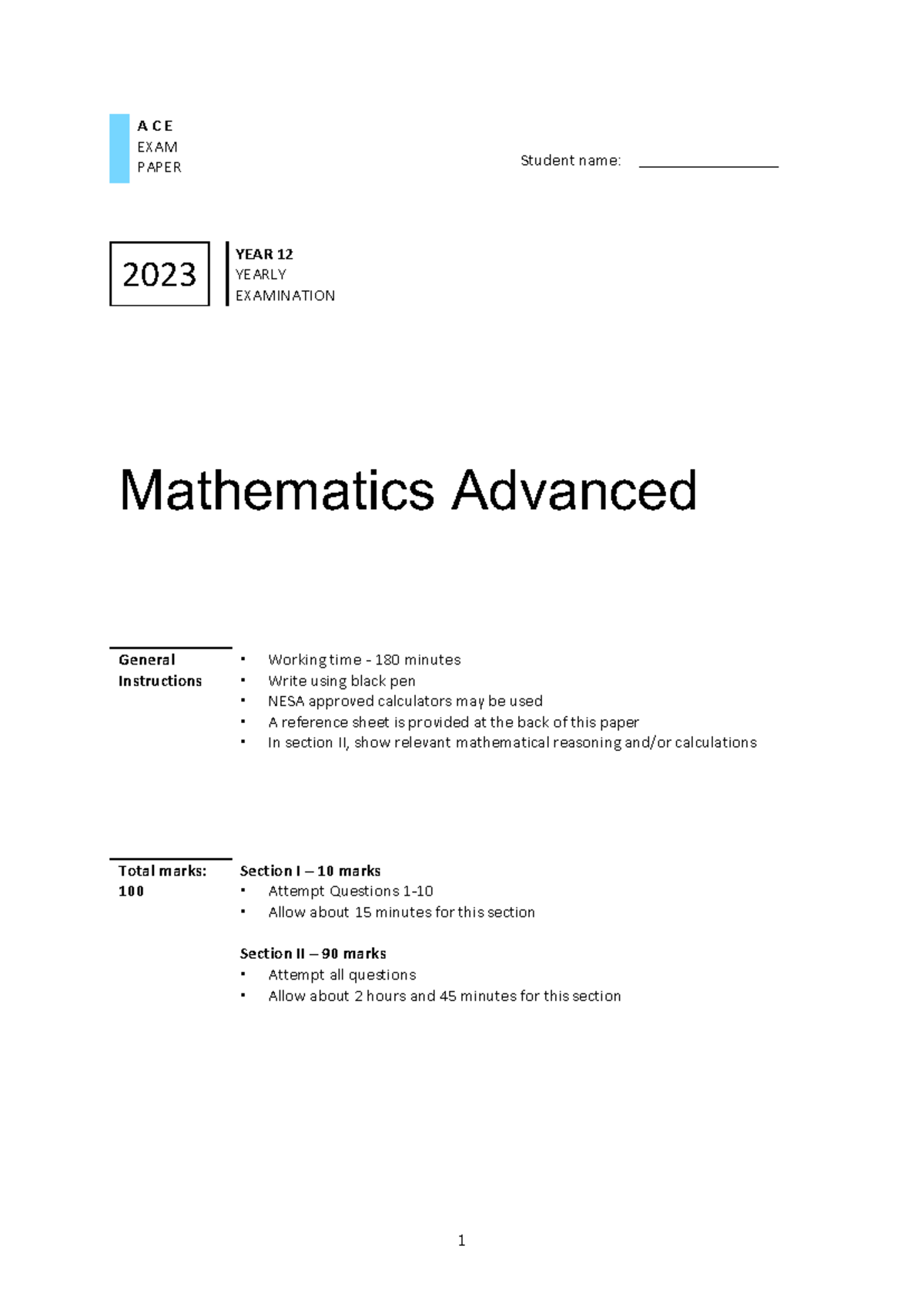 ACE 23YE12MAD Exam - math paper - A C E EXAM PAPER Student name ...
