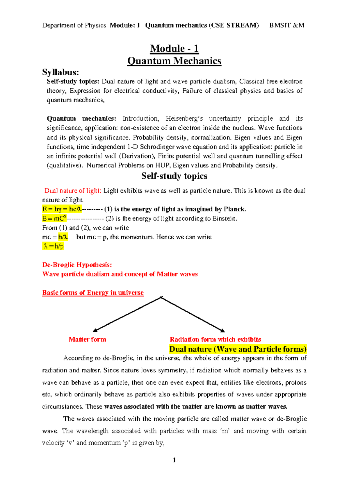 Physics Module 1 Quantum Mechanics Notes - Module - 1 Quantum Mechanics ...