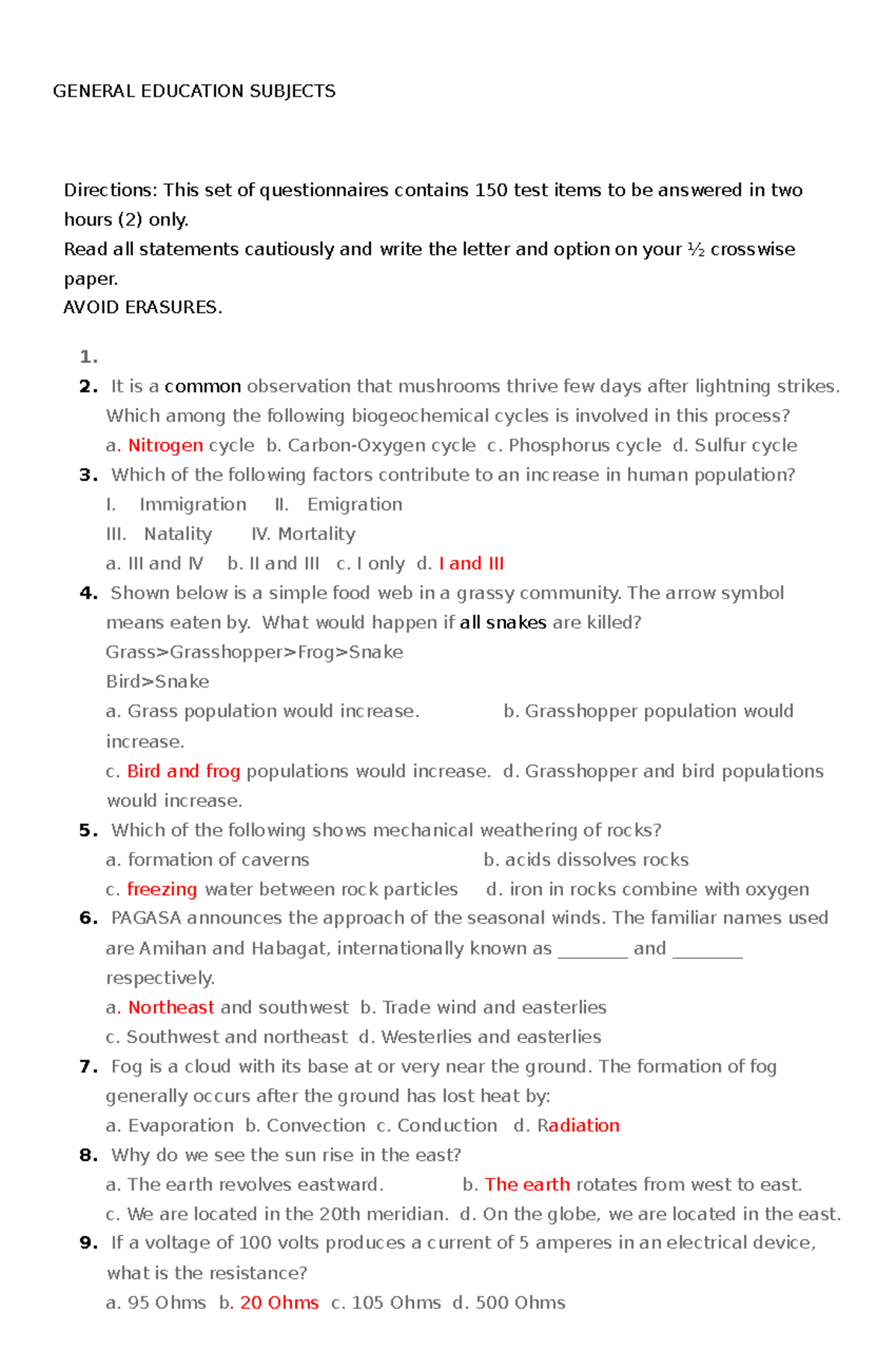 General Education Subjects - GENERAL EDUCATION SUBJECTS Directions ...