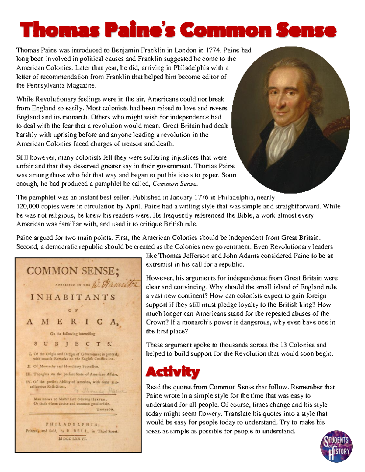 02 - Thomas Paine Common Sense Reading and Activity - Thomas Paine’s ...