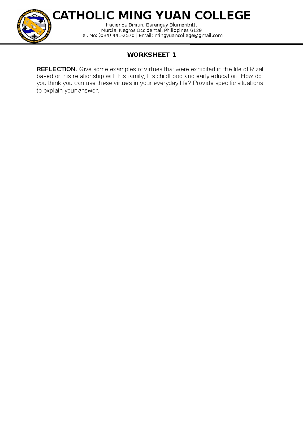 Chapter-3- Worksheet - CATHOLIC MING YUAN COLLEGE Hacienda Binitin ...