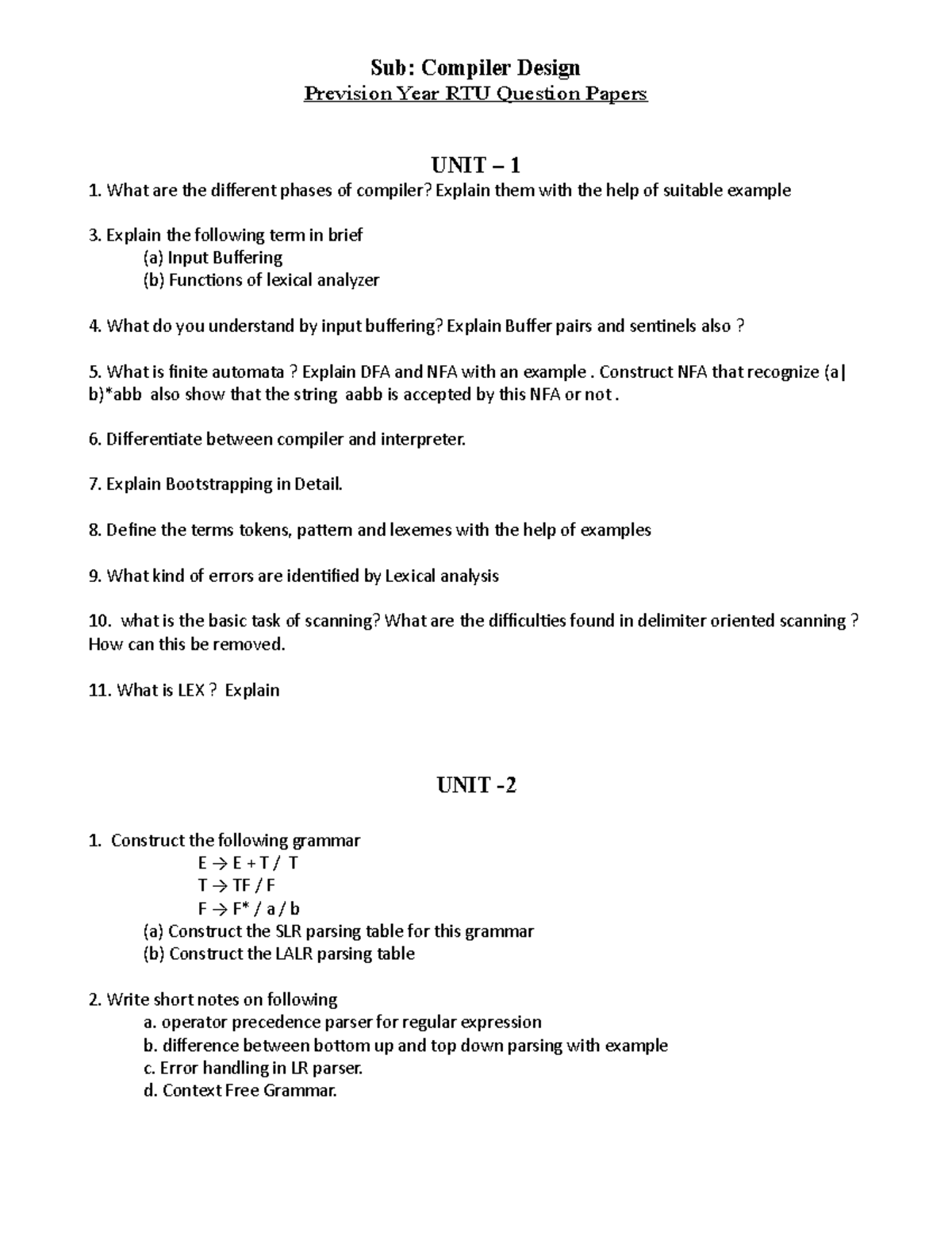 CD Question Bank - I am student - Sub: Compiler Design Prevision Year ...