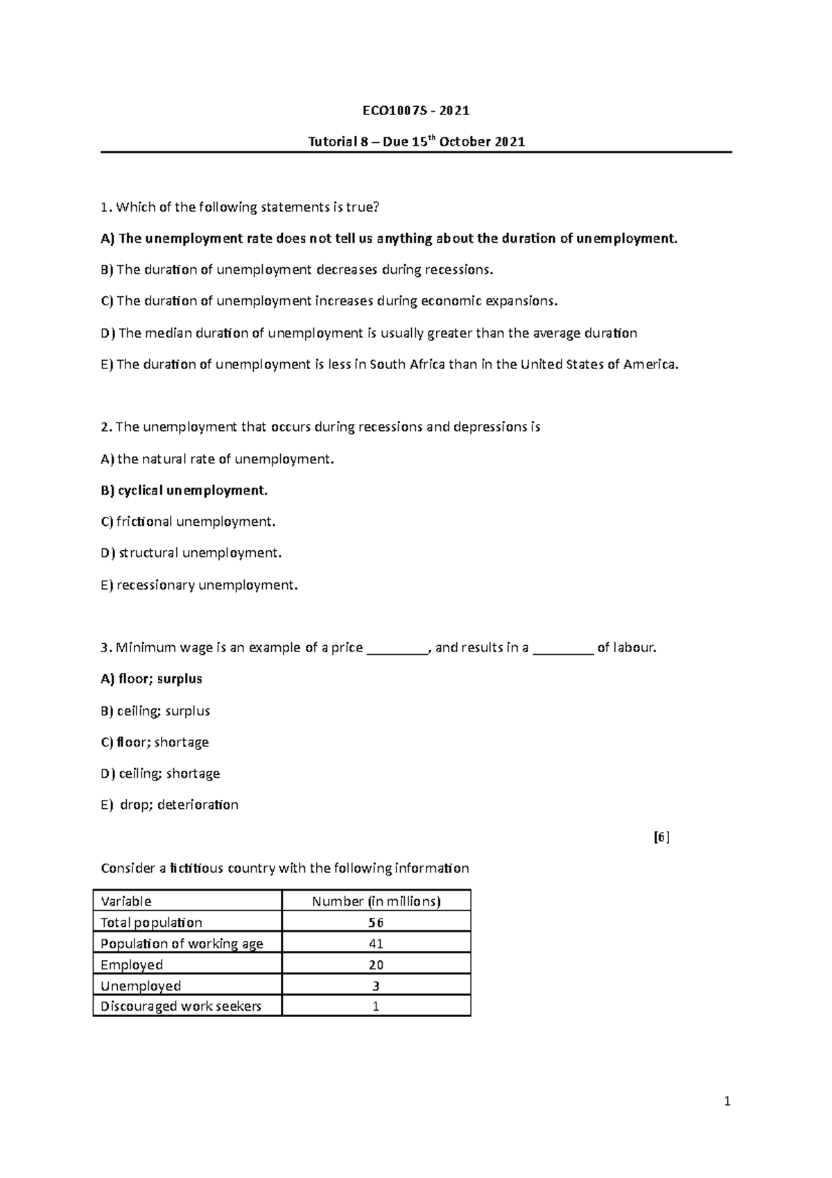 ECO1007S solutions 2021 Tutorial 8 - ECO1007S - 2021 Tutorial 8 – Due ...