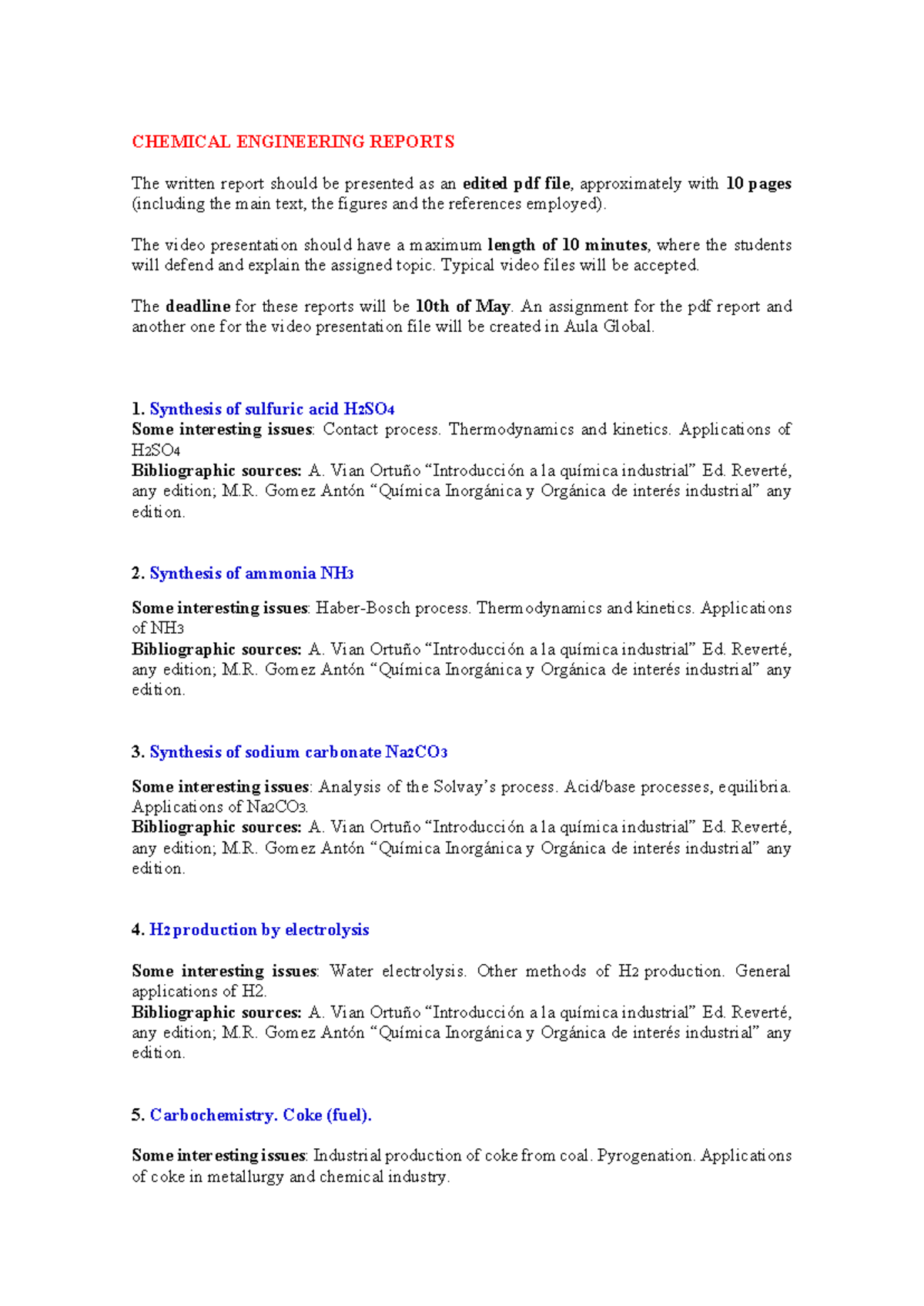Chemical Engineering Topics - CHEMICAL ENGINEERING REPORTS The written ...