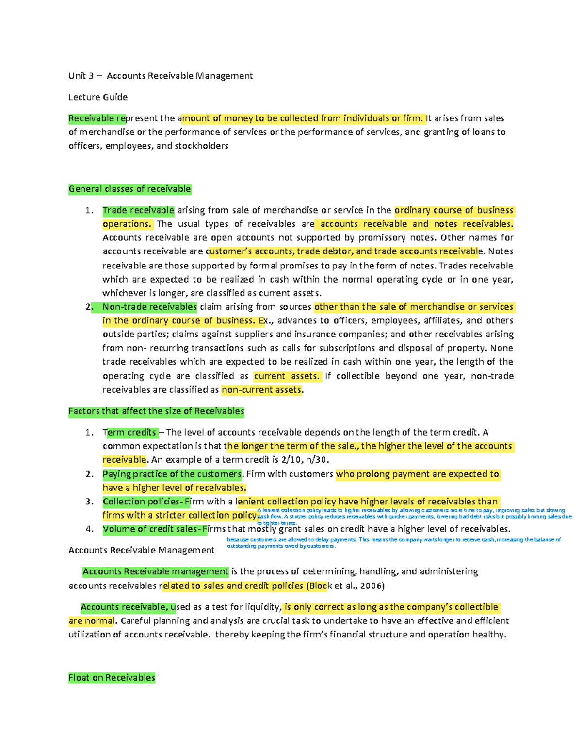 Lecture Guide Unit 3 Accounts Receivable Management - Unit 3 – Accounts ...