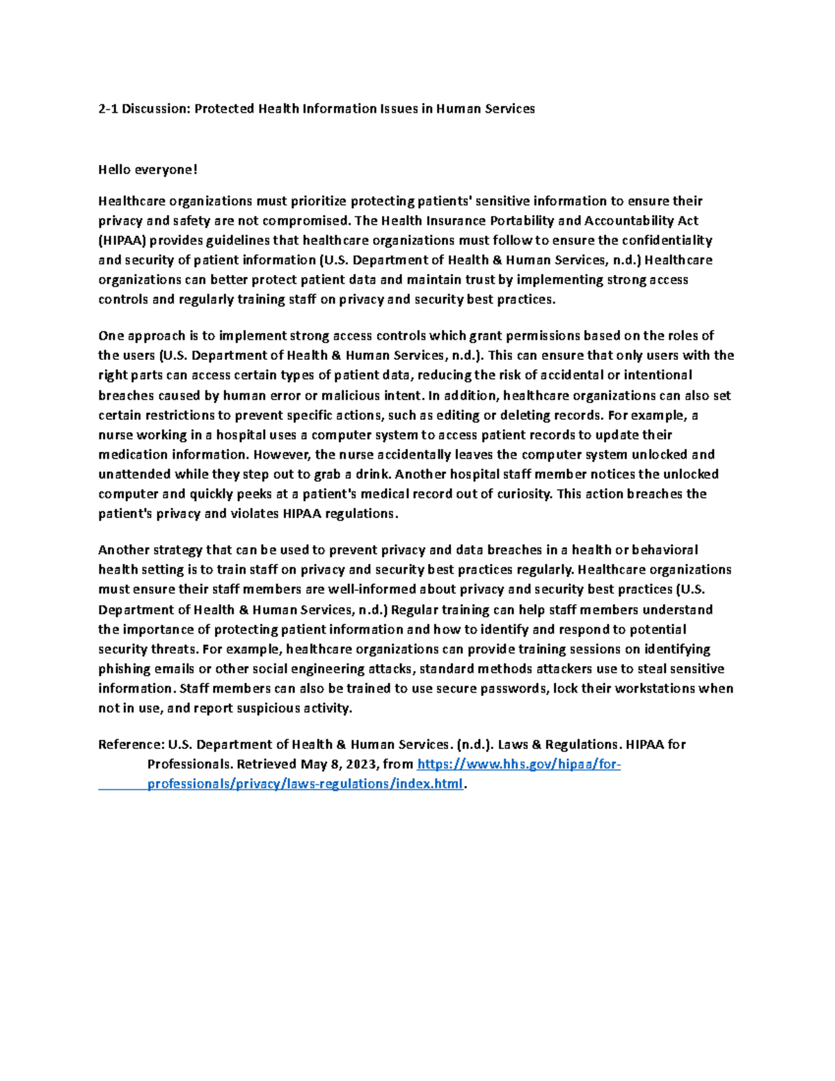 2-1 Discussion Protected Health Information Issues in Human Services ...