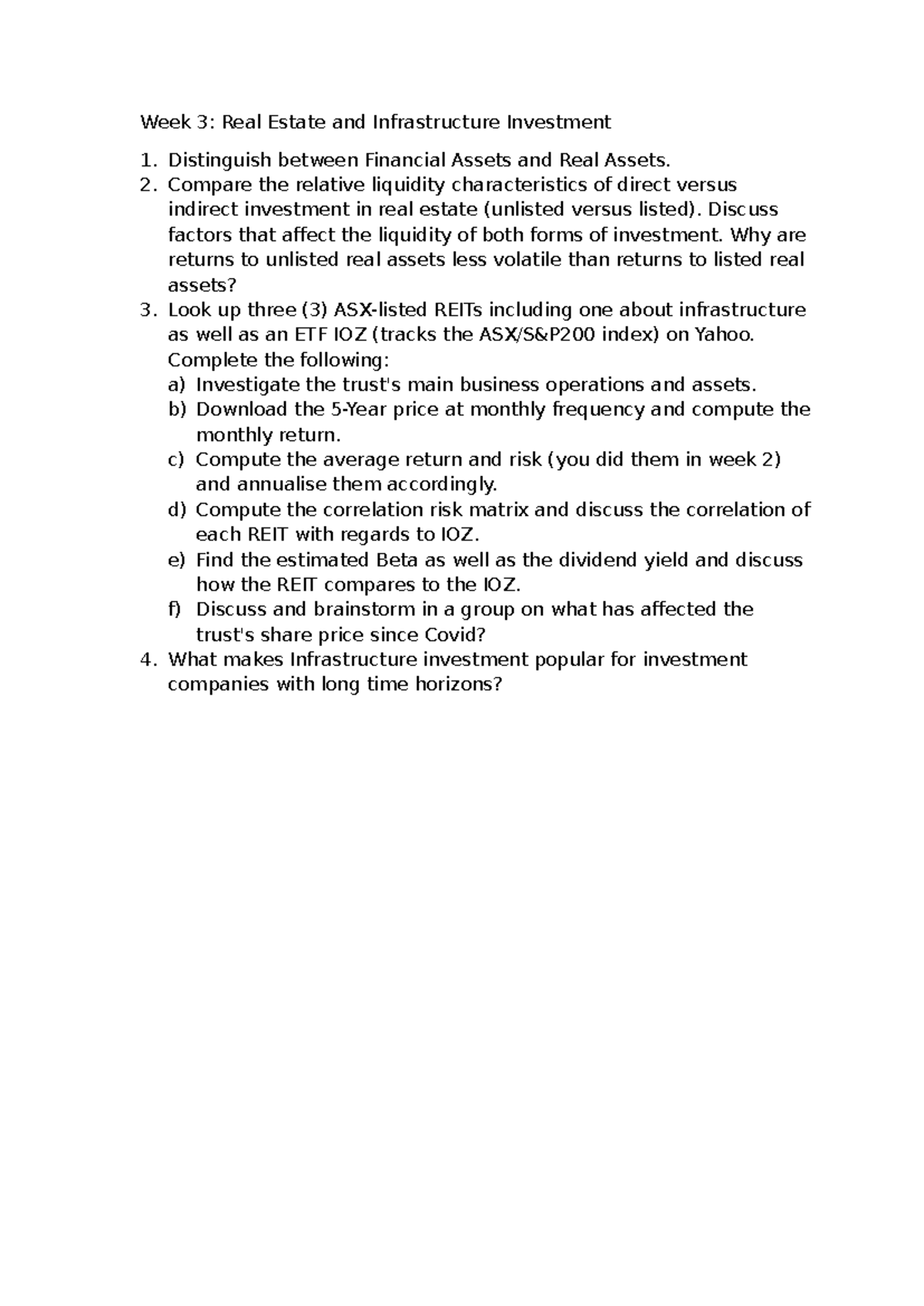 Week 3 Tutorial Questions - Week 3: Real Estate and Infrastructure ...