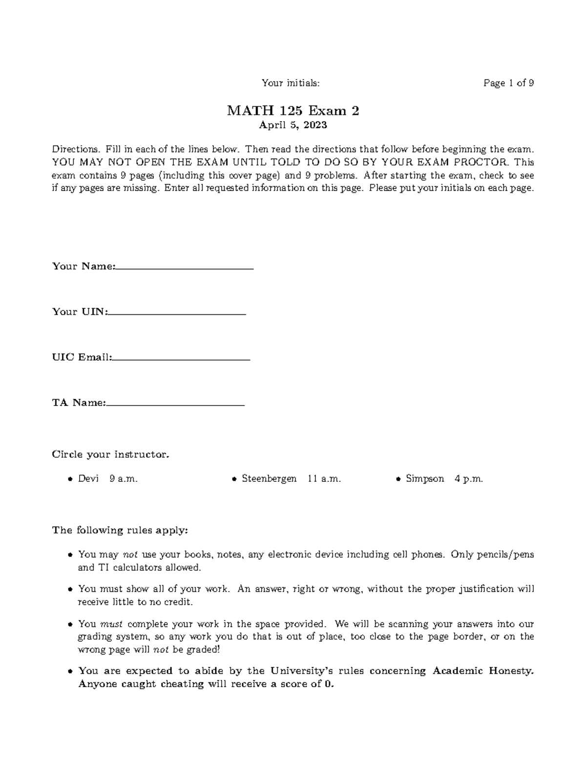 IGSni V-Math 125 Exam 2 Spring 2023 copy - MATH 125 Exam 2 April 5 ...