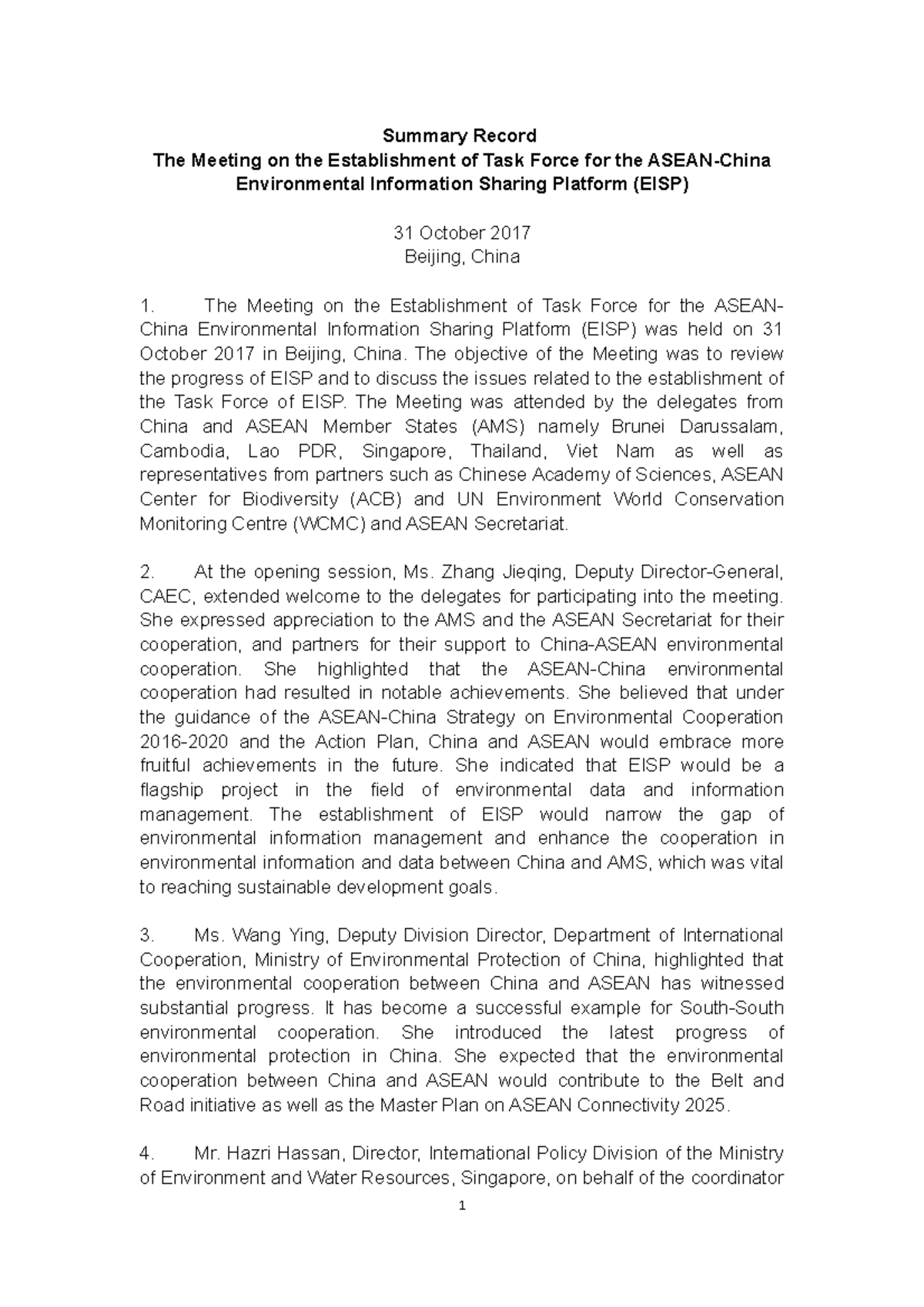 Summary Record of The Meeting on the Establishment of Task Force for ...