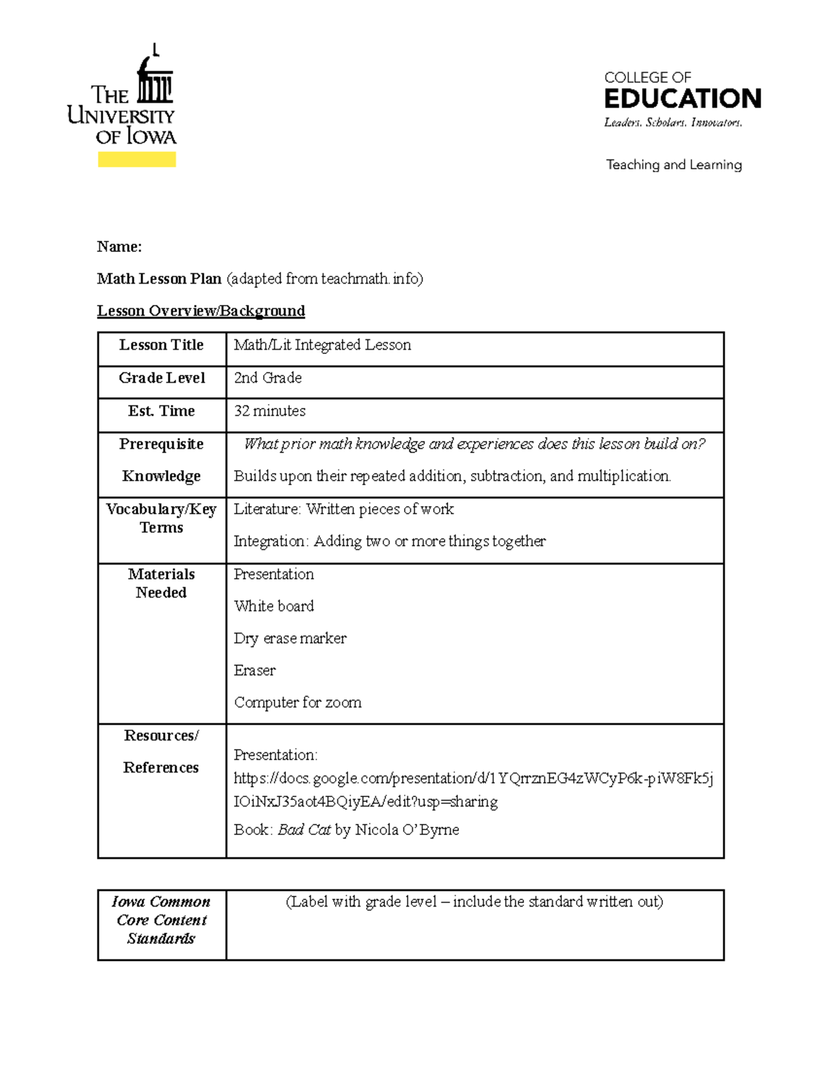 Math and Literature lesson - Name: Math Lesson Plan (adapted from ...