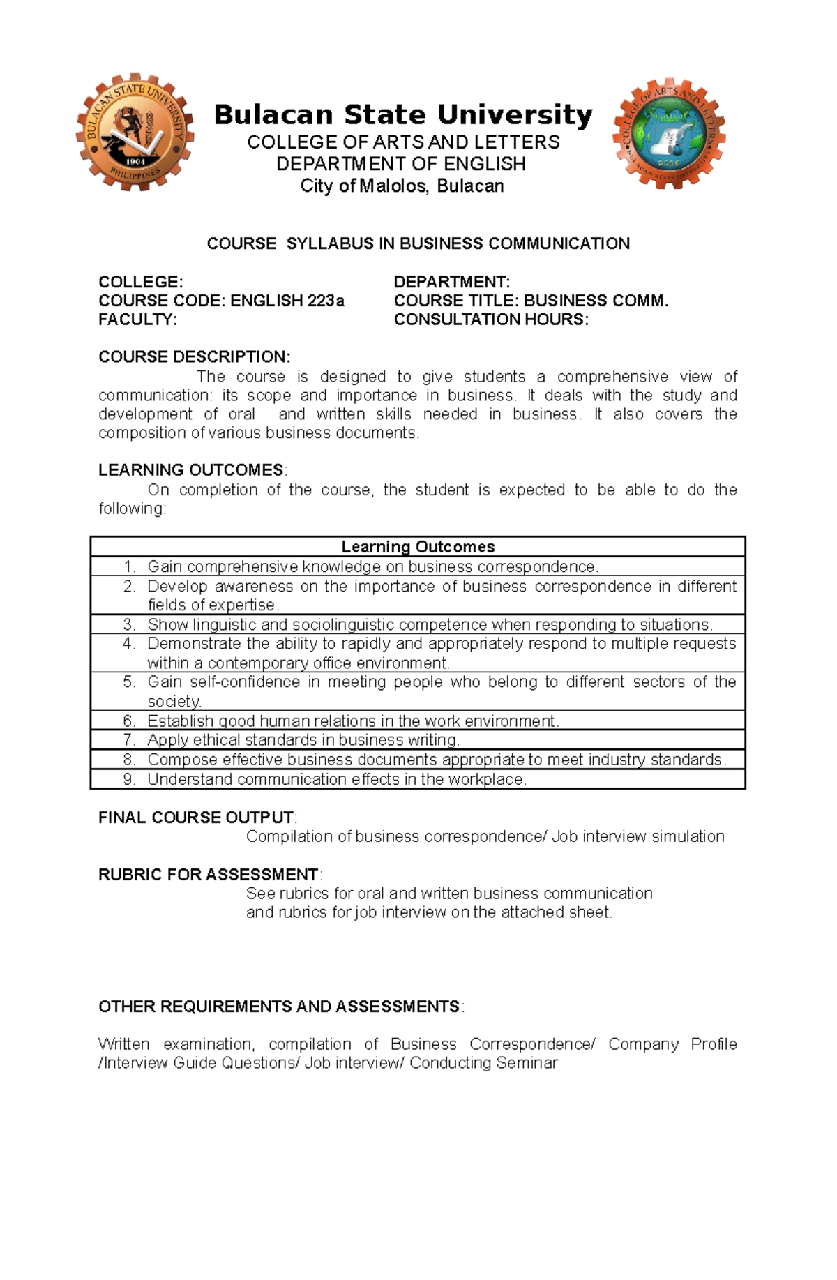 Business Communication - Bulacan State University COLLEGE OF ARTS AND ...