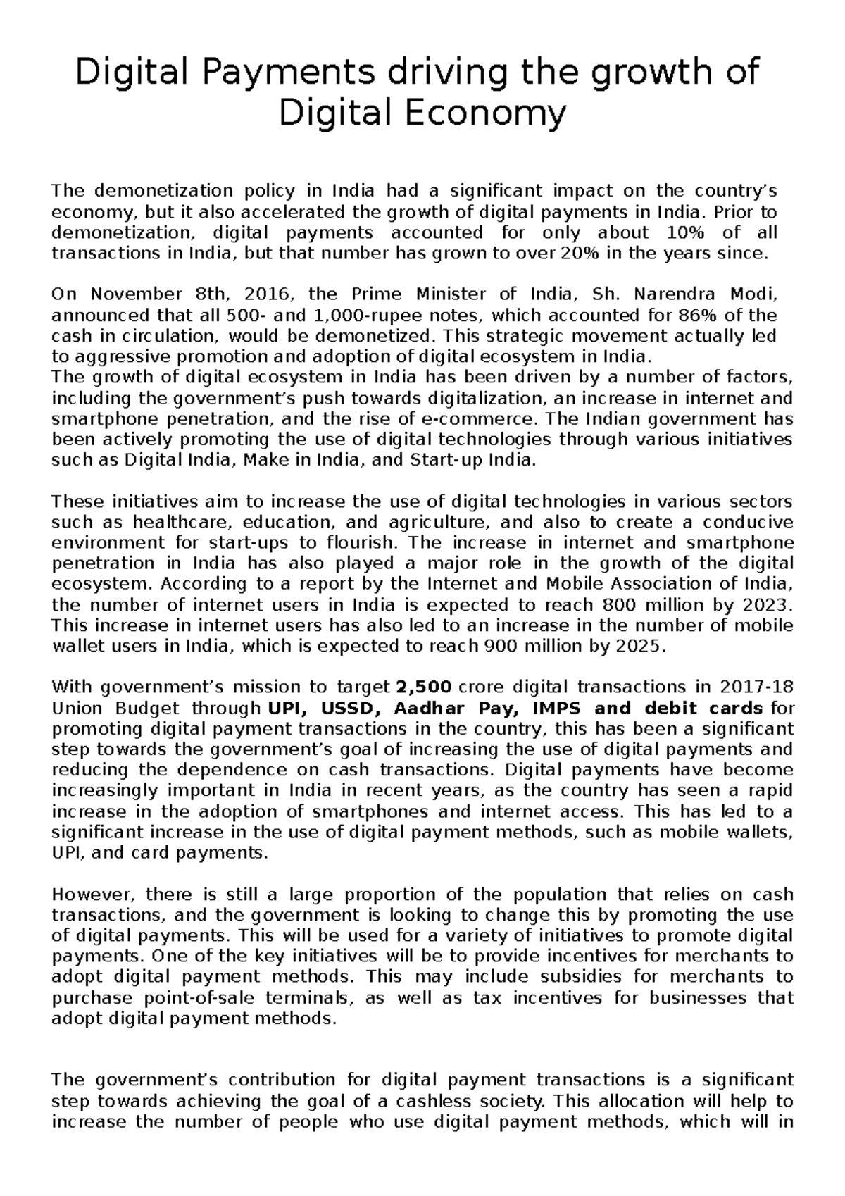 Digital Payments Project - Class 12 - Digital Payments driving the ...