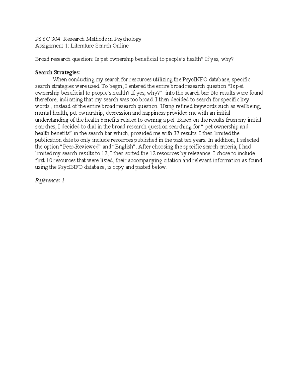 PSYC 304 - Assignment - PSYC 304: Research Methods in Psychology Assignment 1: Literature Search ...