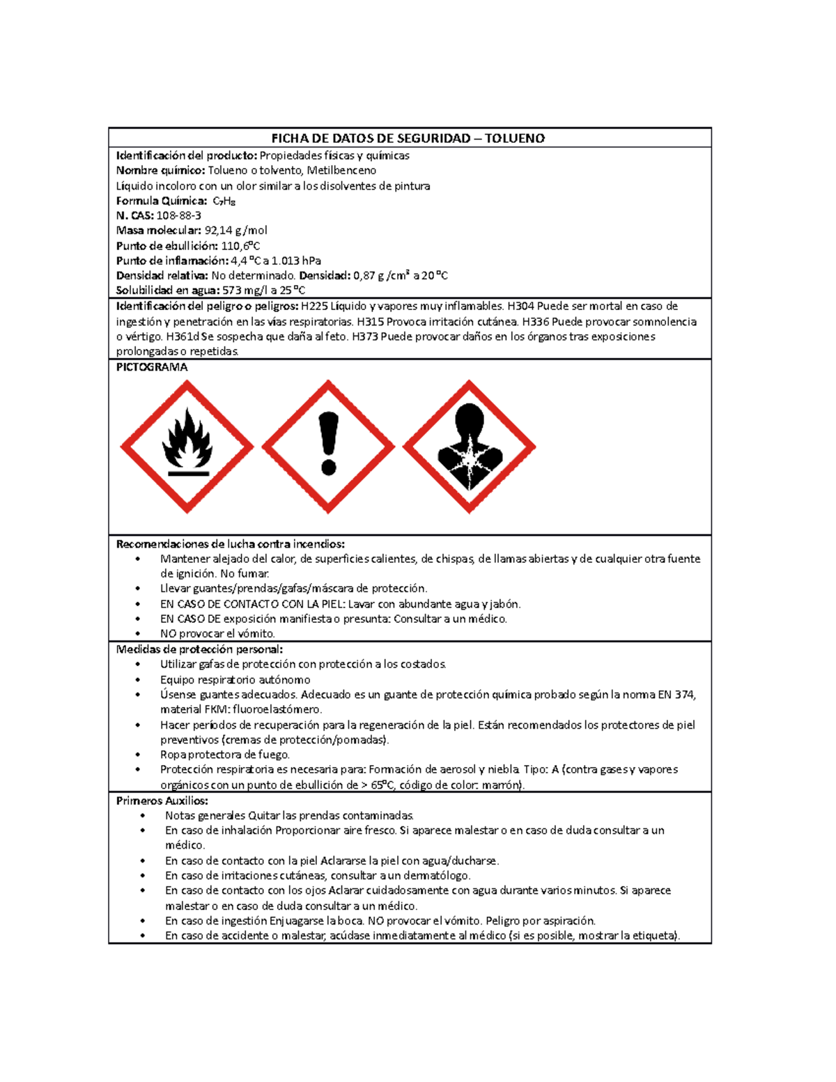 Ficha DE Datos DE Seguridad P - FICHA DE DATOS DE SEGURIDAD – TOLUENO ...