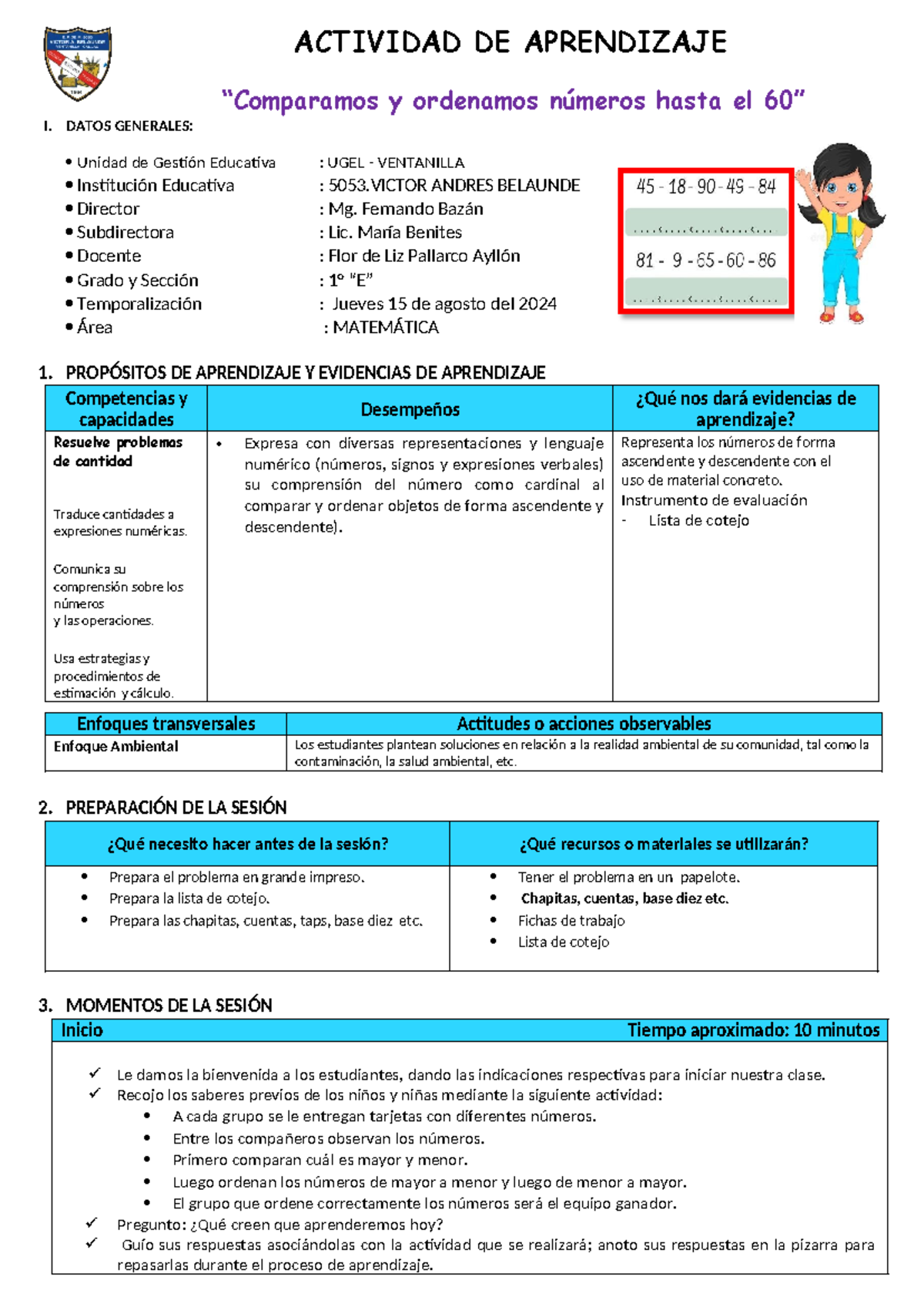 Sesión Matemática Ordenamos Y Comparamos Numeros Hasta 60 2024 - ACTIVIDAD DE APRENDIZAJE - Studocu