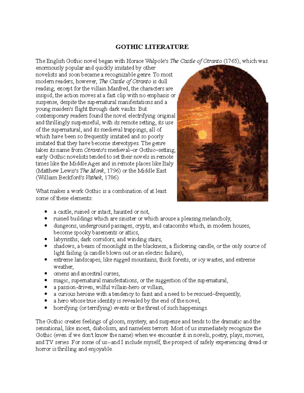 Gothic Literature - GOTHIC LITERATURE The English Gothic novel began ...