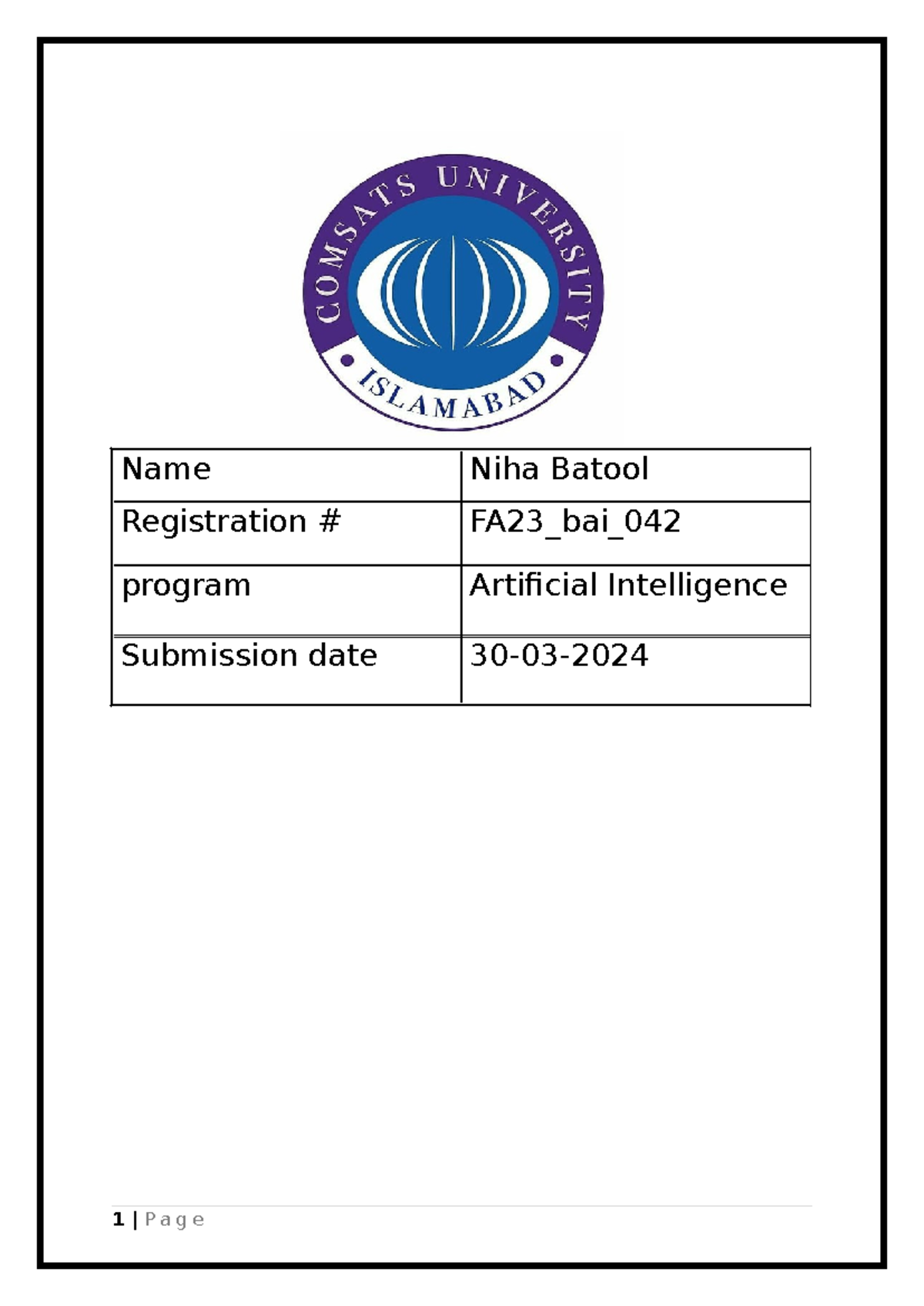 Assignment 2 - Name Niha Batool Registration # FA23_bai_ program ...