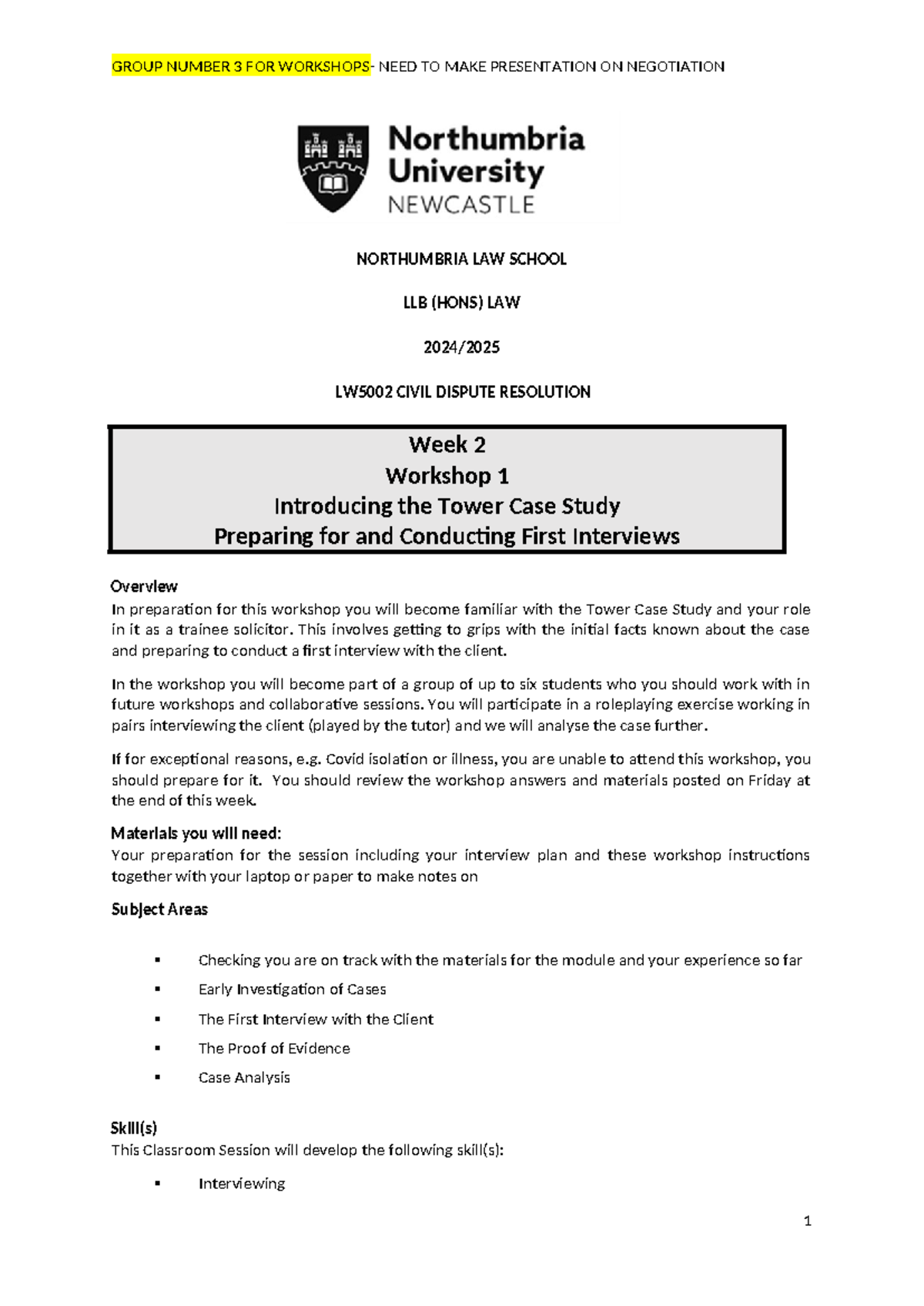 Workshop 1 - CDR - NORTHUMBRIA LAW SCHOOL LLB (HONS) LAW 2024/ LW5002 ...