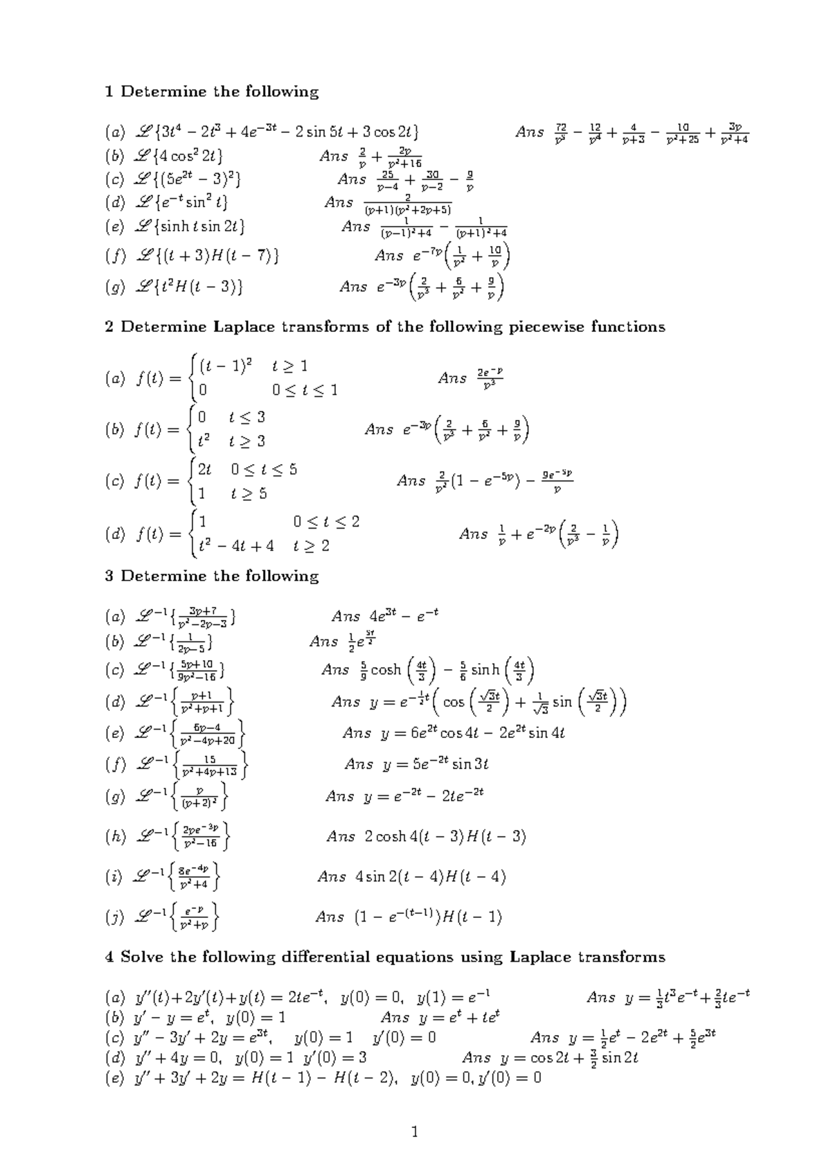 Practice exercises 7(Laplace transforms) - 1 Determine the following (a ...