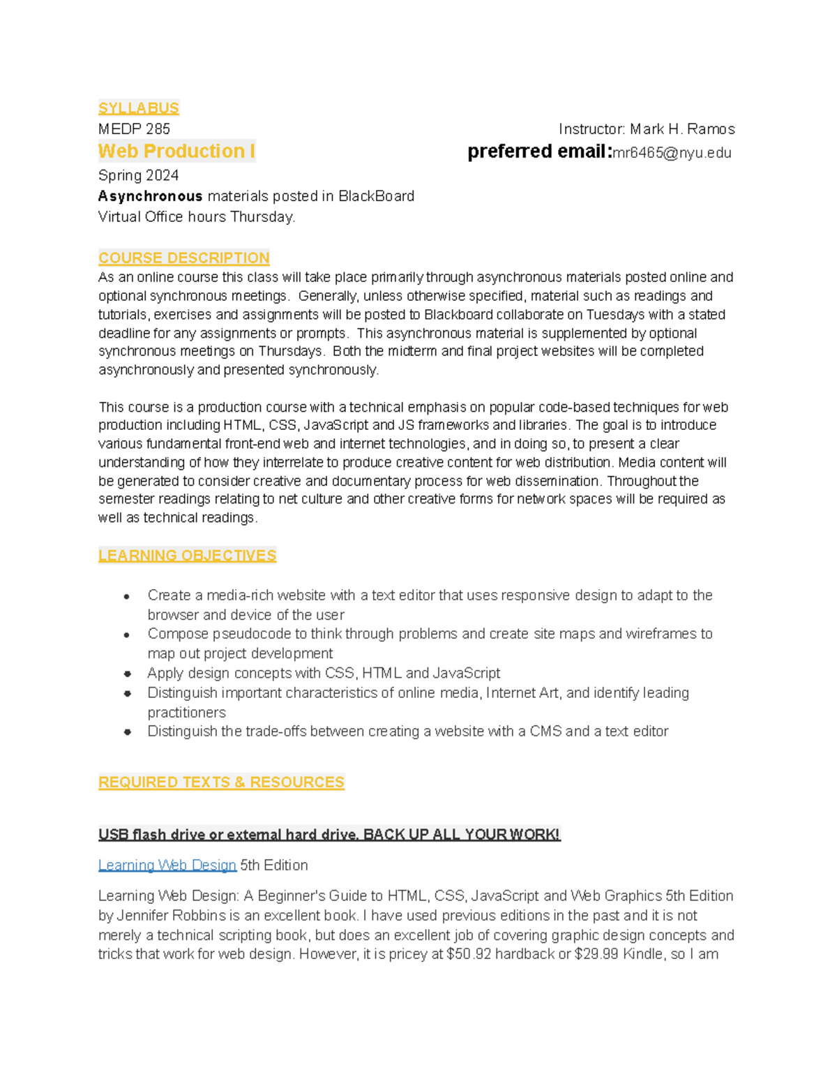 Spring 2024 Web Production I syllabus 1 - SYLLABUS MEDP 285 Instructor ...