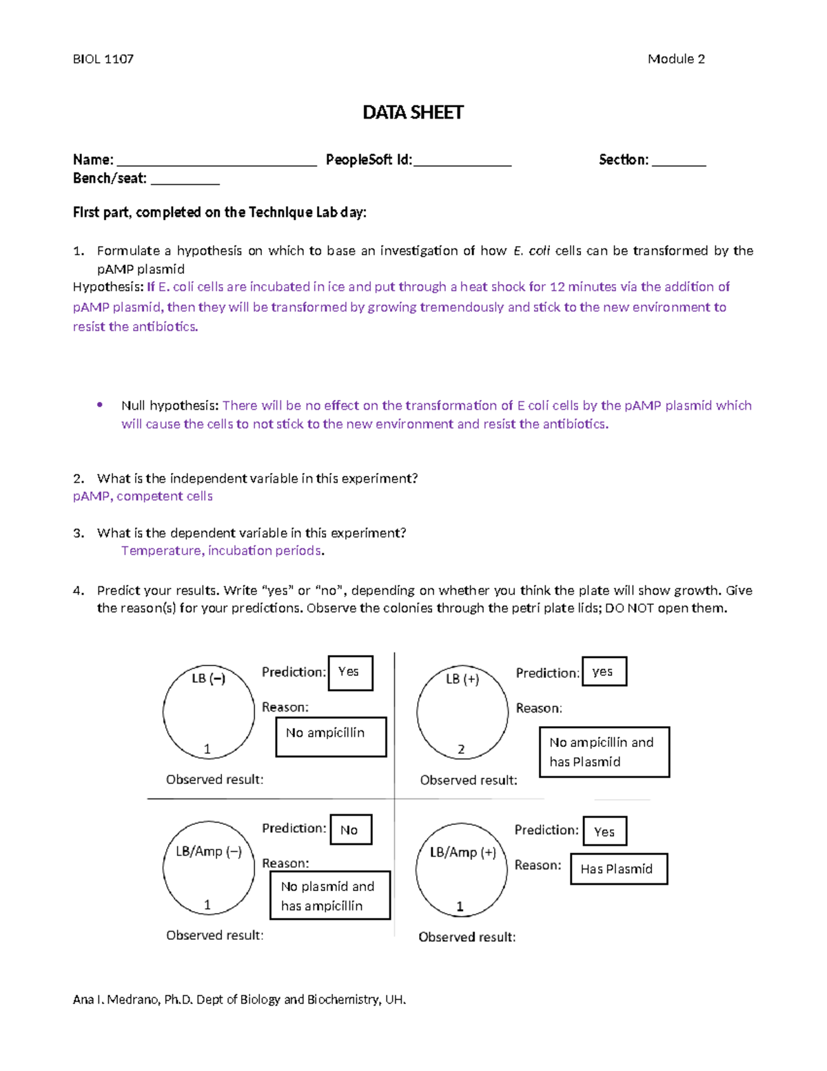 Mod2 Data Sheet - For experiment 2 - BIOL 1107 Module 2 DATA SHEET Name ...