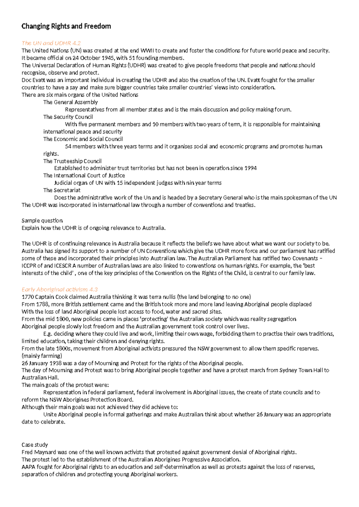 History Lecture Notes: Rights and Freedom in Australia - Changing ...