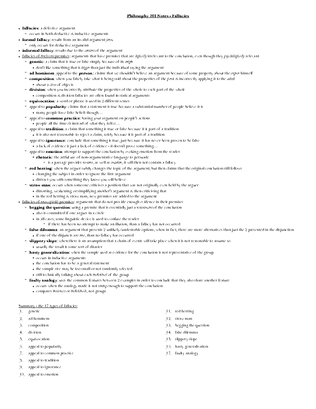 PHIL 201 Notes - Fallacies - Philosophy 201 Notes - Fallacies ...