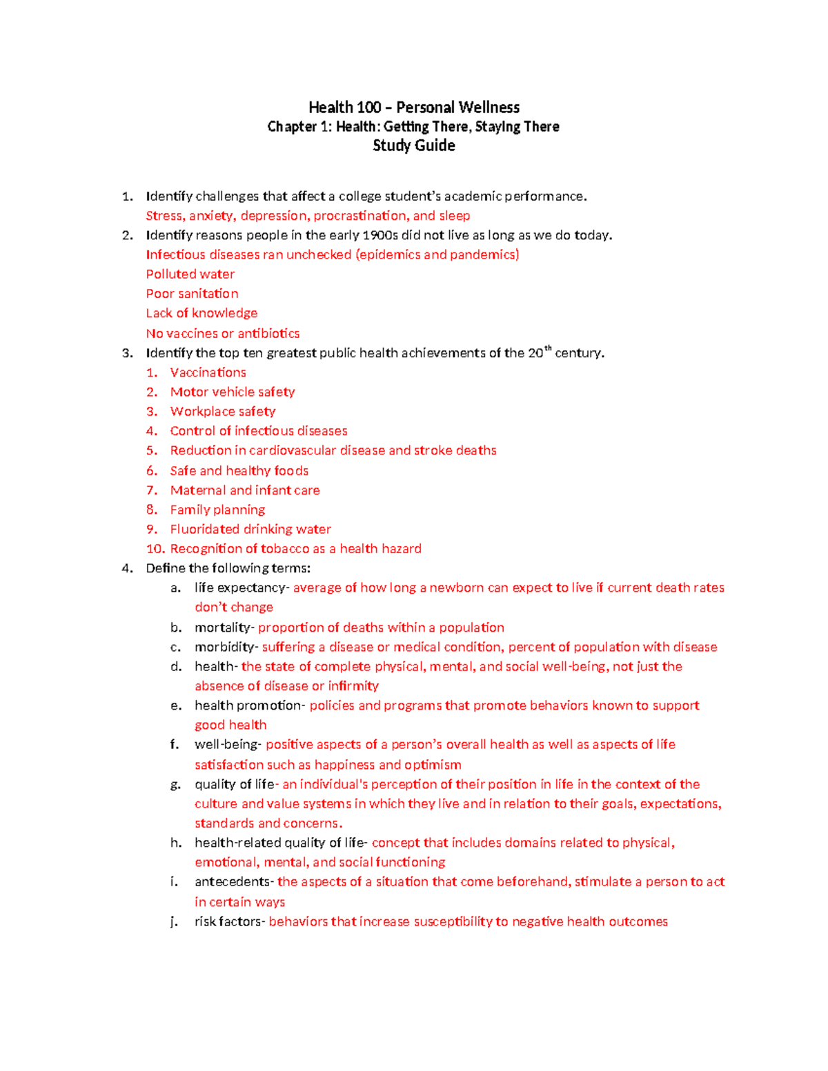 Health ch 1 study guide - Health 100 – Personal Wellness Chapter 1 ...