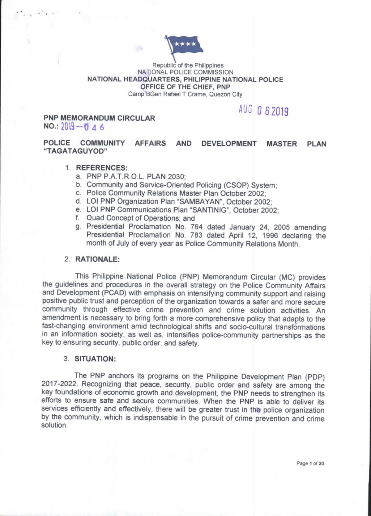PNP MC 2019-046 PCAD Master Plan Tagataguyod - Republic of the Philippines NATIONAL POLICE - Studocu
