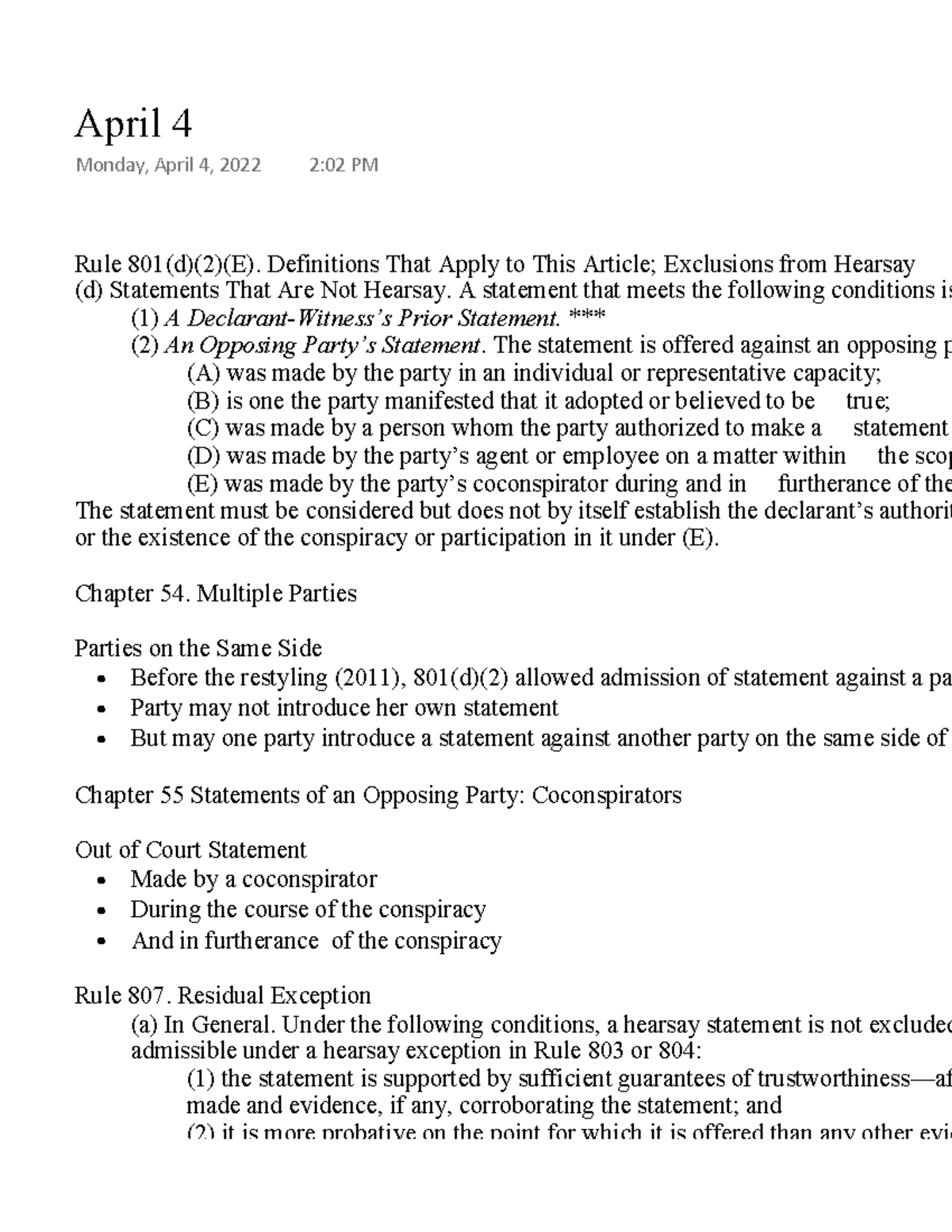 April 4 - Professor Percy - Rule 801(d)(2)(E). Definitions That Apply ...