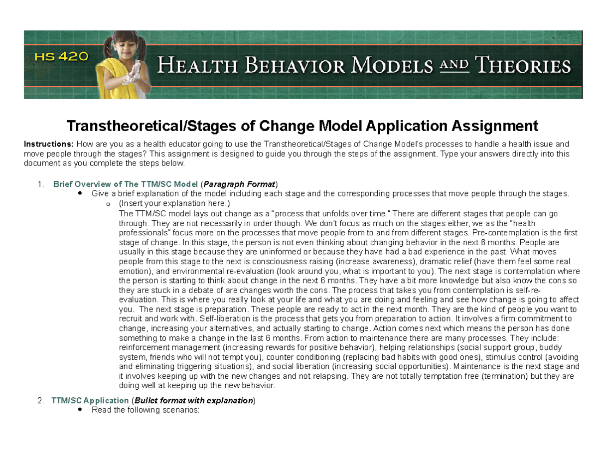 TTM Application Assignment - Transtheoretical/Stages of Change Model Application Assignment ...