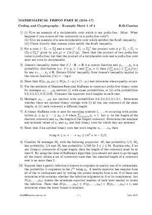 Coding and Cryptography 2016-2017 Example Sheet 3 - MATHEMATICAL TRIPOS ...