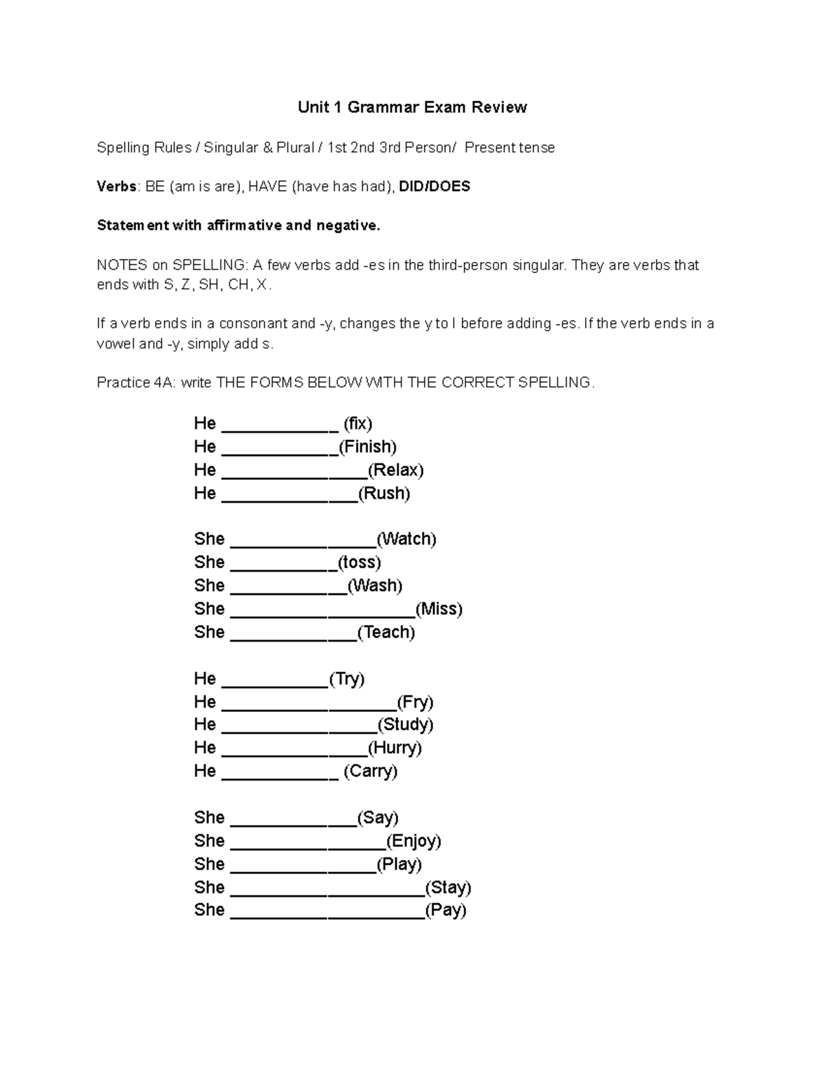 Grammar Exam For English - Unit 1 Grammar Exam Review Spelling Rules ...