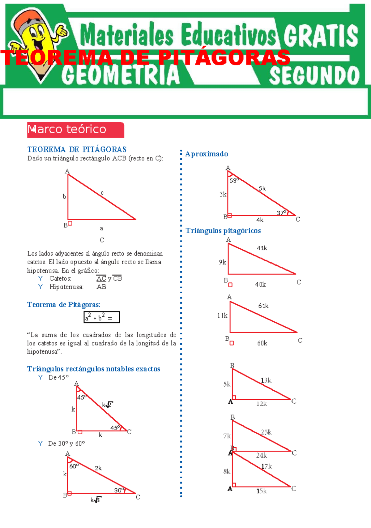 Teorema de Pitágoras Para Segundo Grado de Secundaria - c 45° k 2 k 45 ...