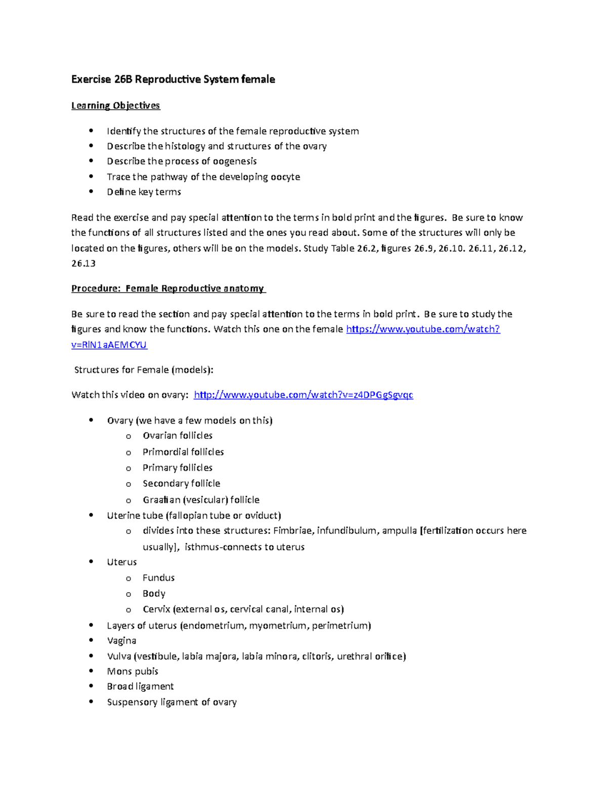 Exercises 26 Female Reproductive and Exercise 27 Human Development ...