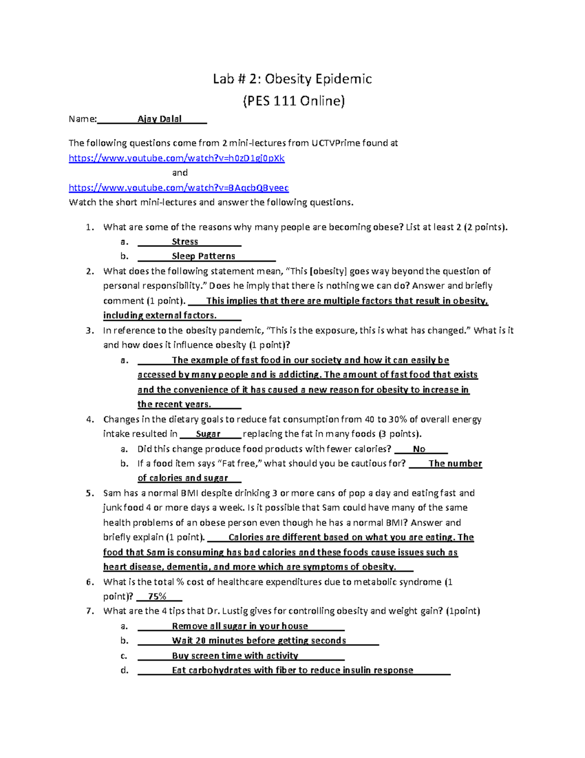 Lab 2 Obesity Epidemic - Lab # 2: Obesity Epidemic (PES 111 Online ...
