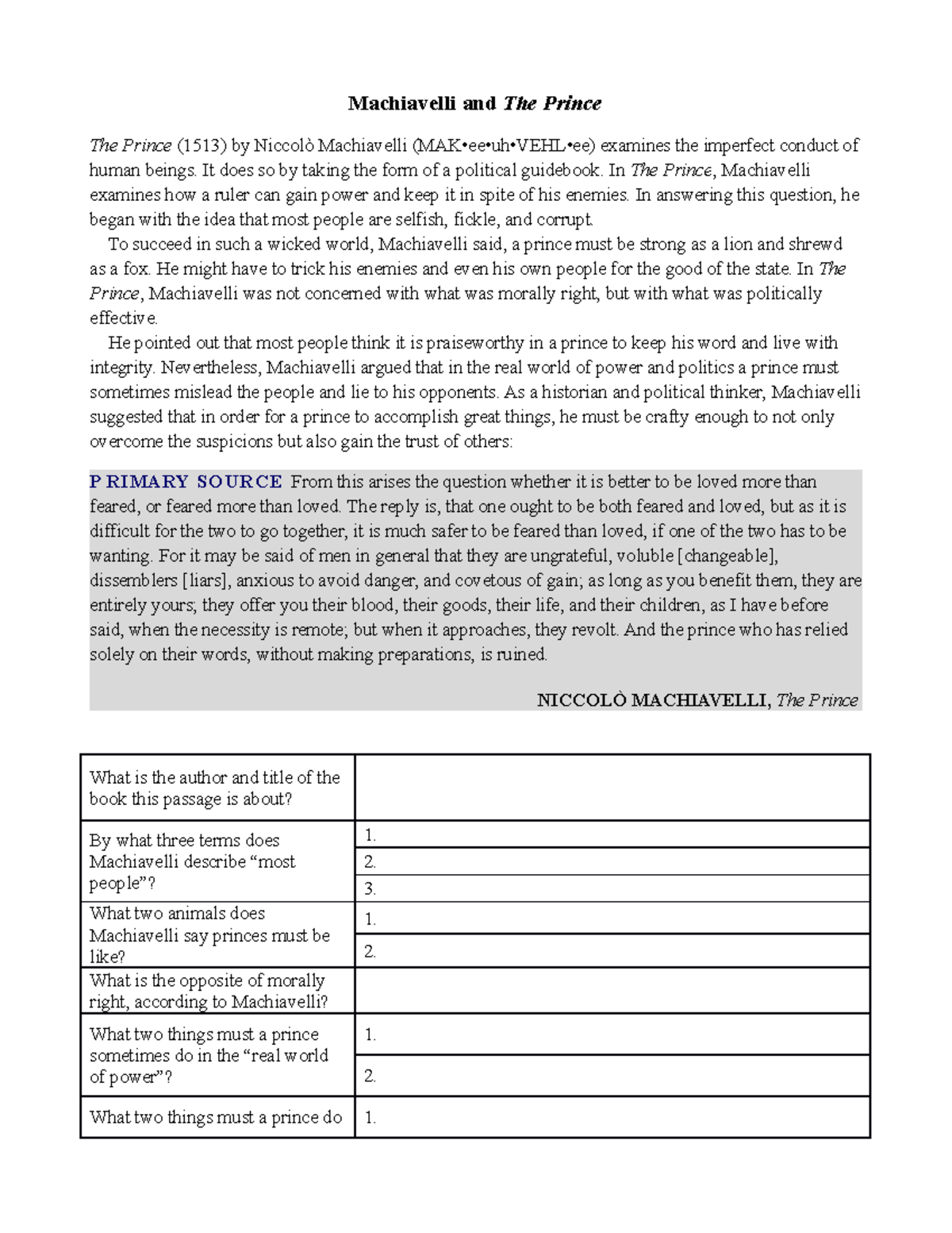 Machiavelli and the Prince assignment - Machiavelli and The Prince The ...