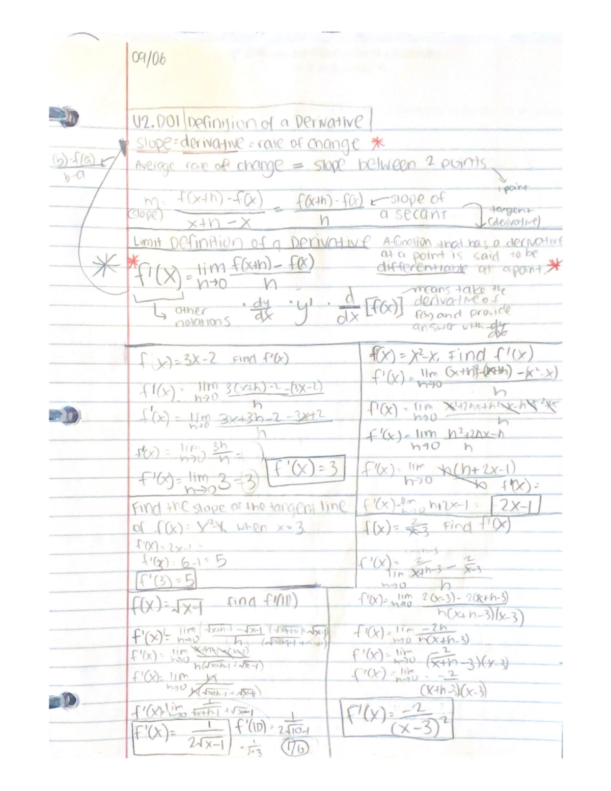 Unit 2 Calc Notes - U2 I Definition of a Derivative slope derivative ...