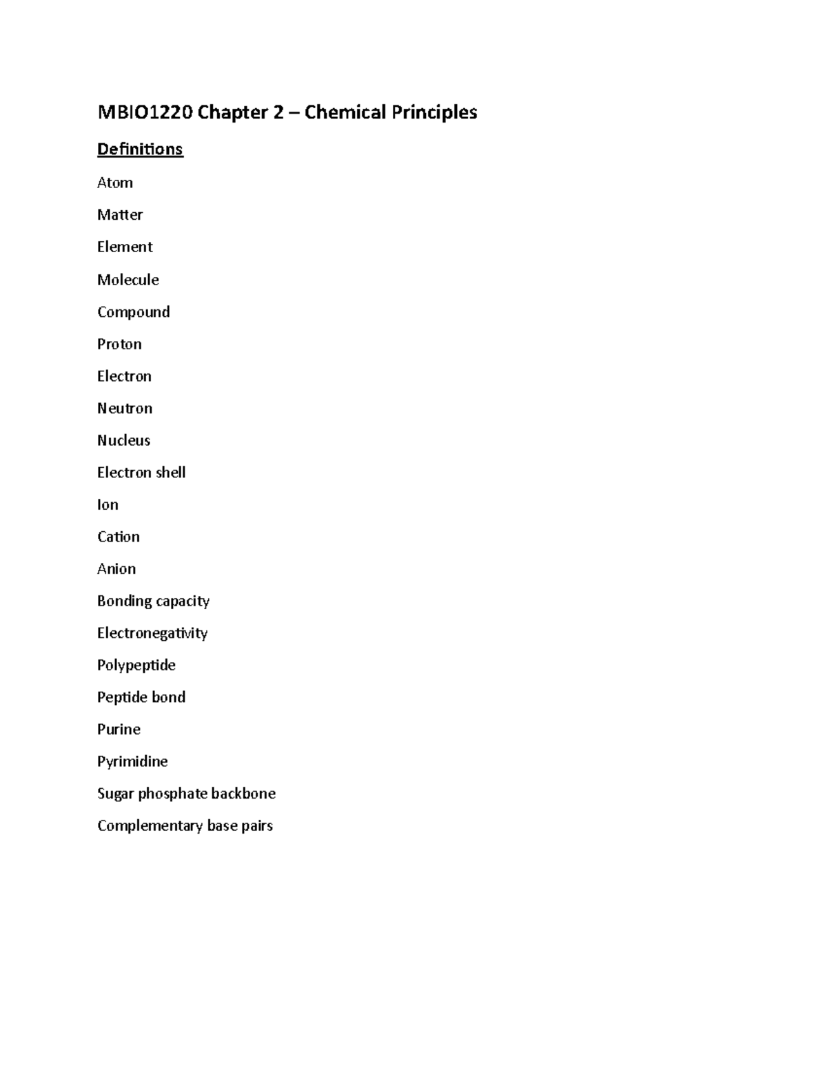 Chapter 2 Study Materials - MBIO1220 Chapter 2 – Chemical Principles ...