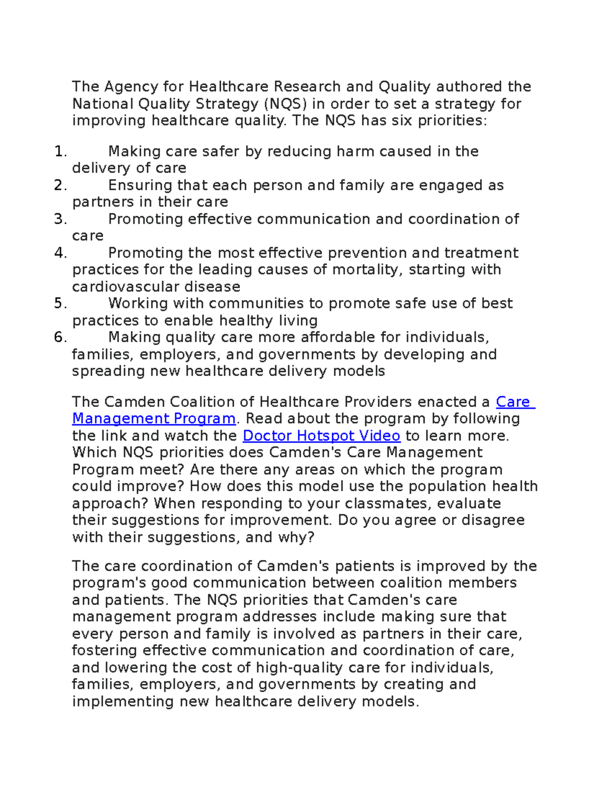 Week 5 pop health discussion - The Agency for Healthcare Research and ...