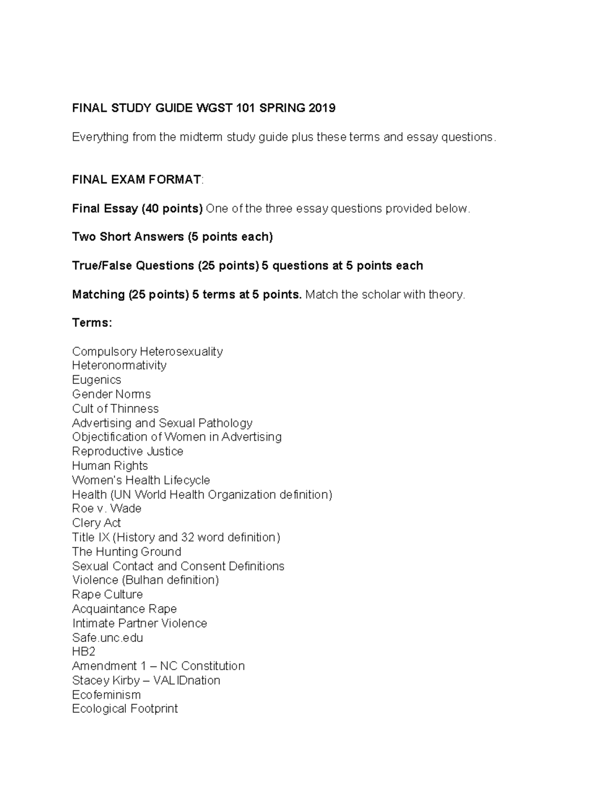 WGST study guide - FINAL STUDY GUIDE WGST 101 SPRING 2019 Everything ...