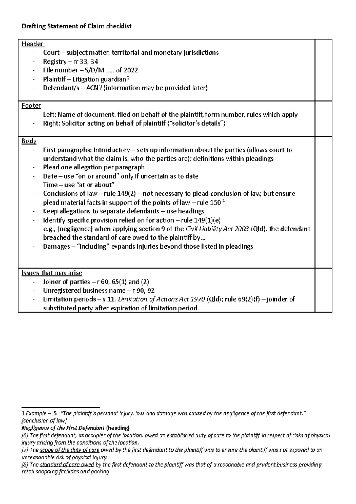 Drafting Statement of Claim checklist - Drafting Statement of Claim ...