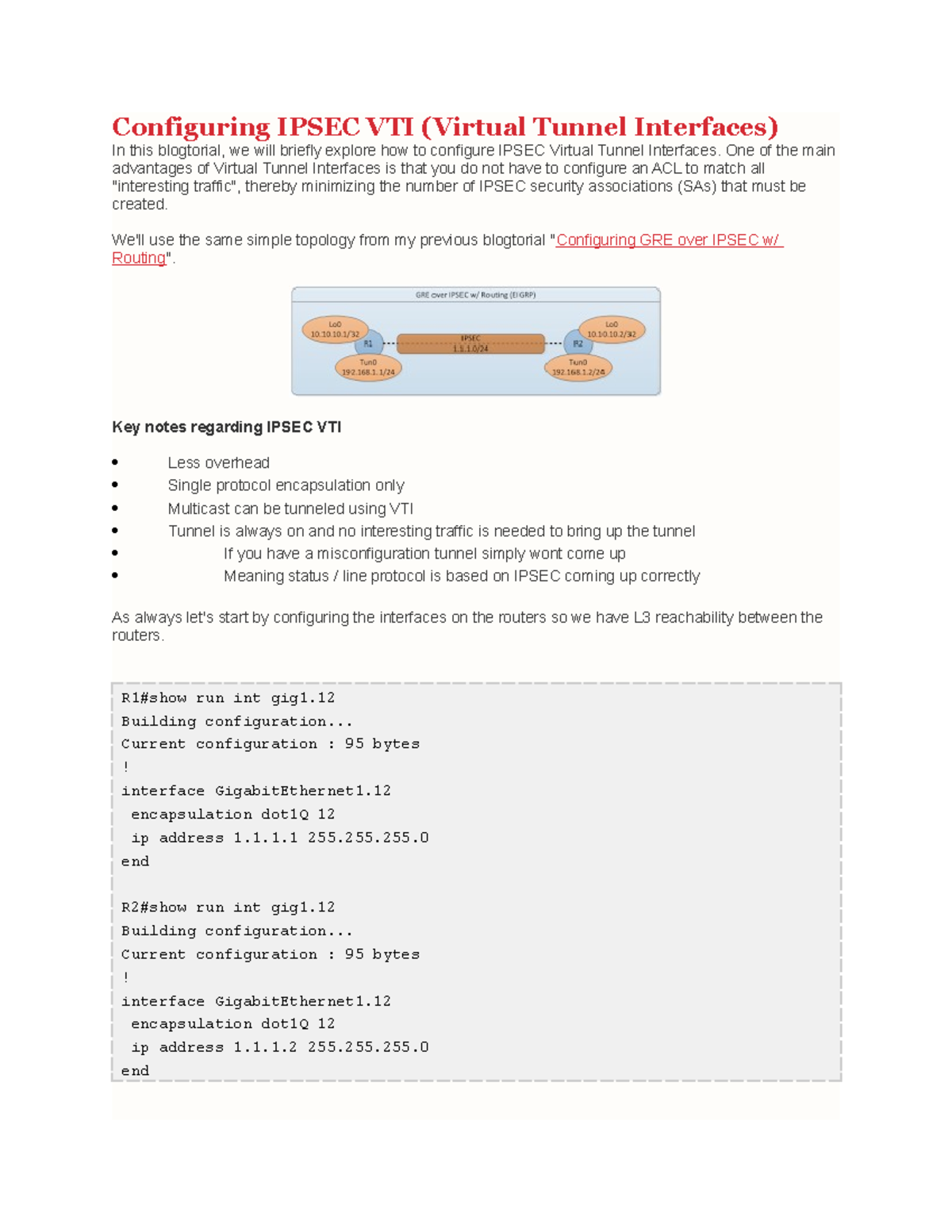 Configuring Ipsec VTI (Virtual Tunnel Interfaces) - Configuring IPSEC VTI (Virtual Tunnel - Studocu