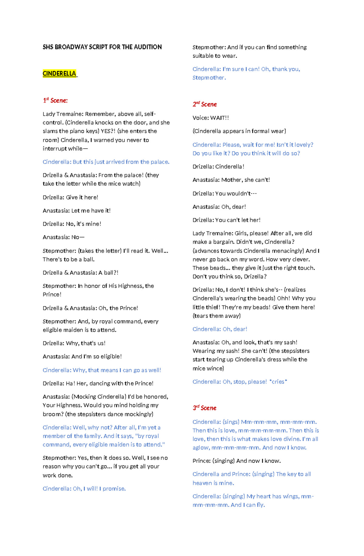 The-audition - okkkk - SHS BROADWAY SCRIPT FOR THE AUDITION CINDERELLA ...