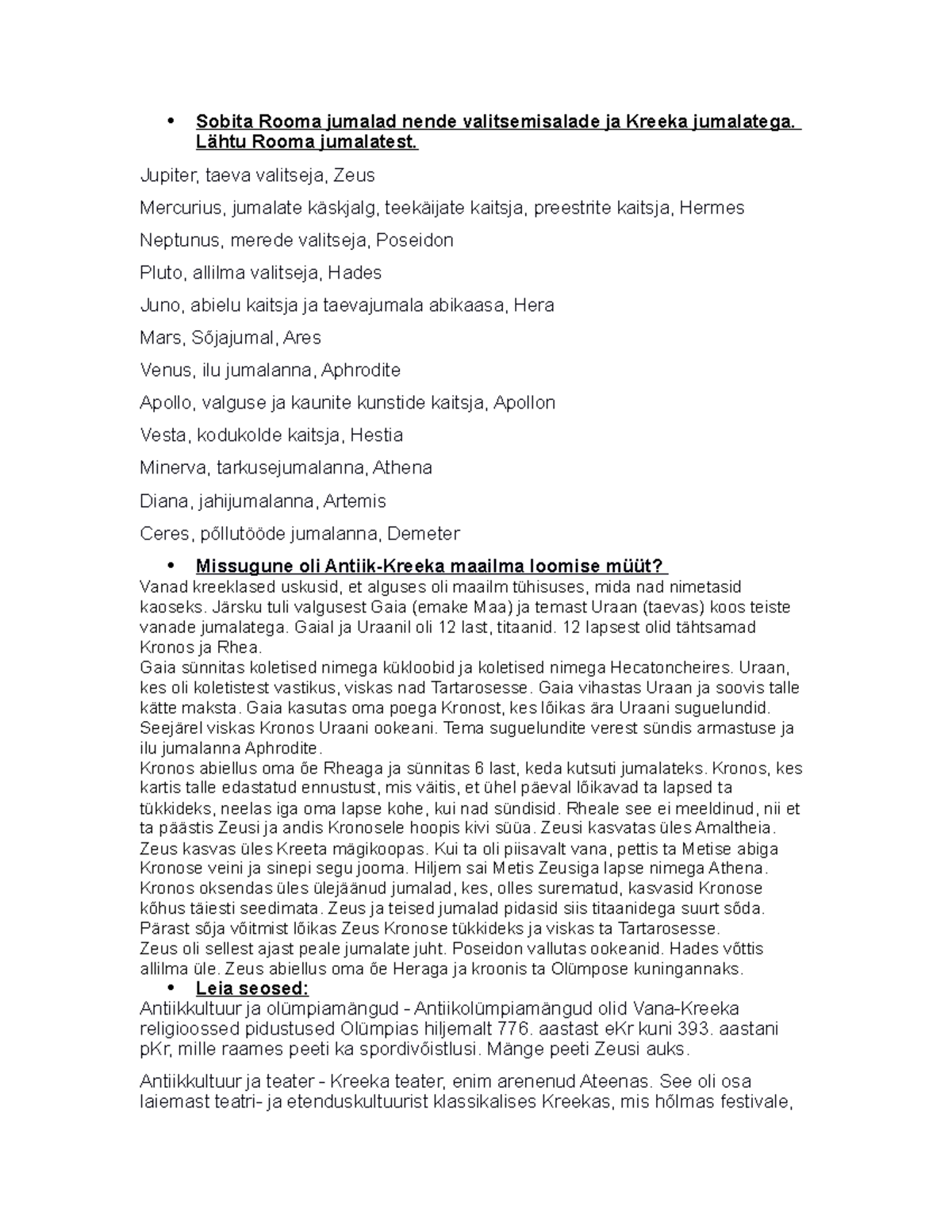 Tööleht antiik 2 - • Sobita Rooma jumalad nende valitsemisalade ja ...