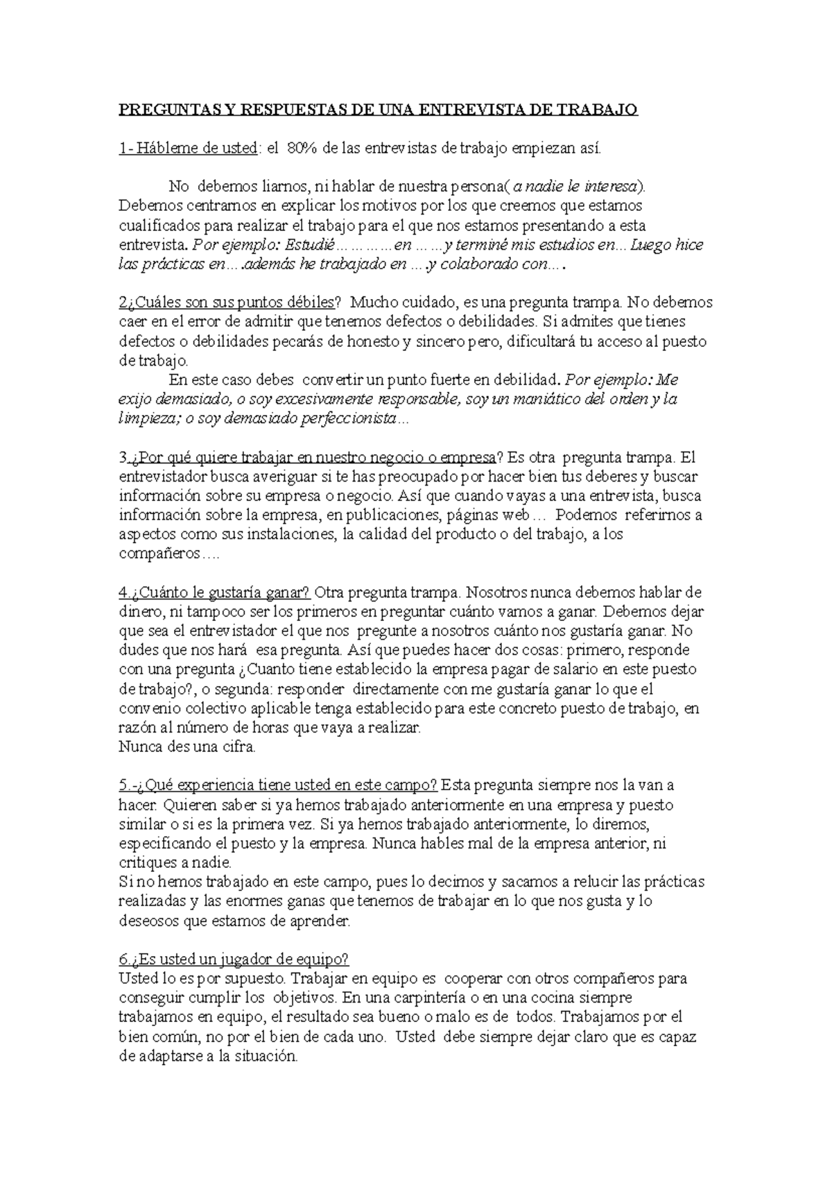 Preguntas Y Respuestas DE UNA Entrevista DE Trabajo - PREGUNTAS Y ...