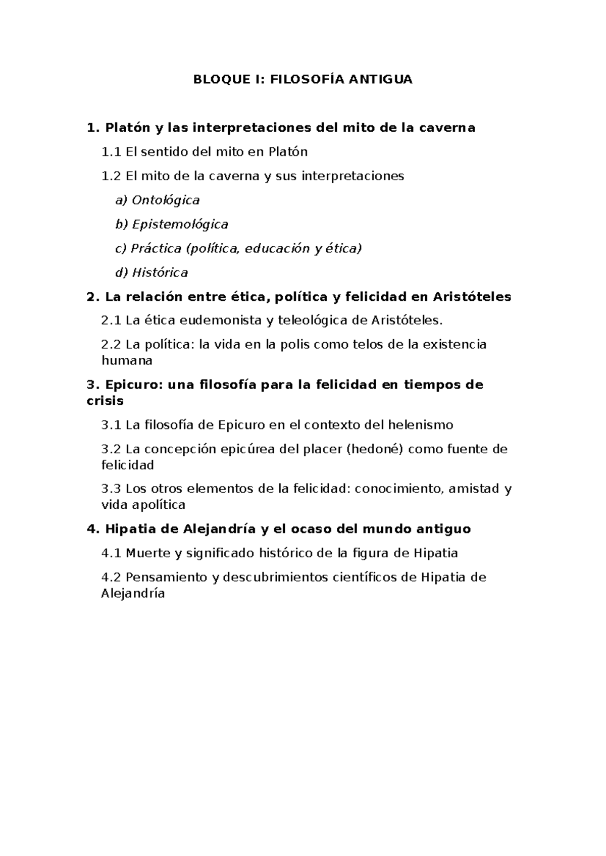 Esquema bloque I - BLOQUE I: FILOSOFÍA ANTIGUA Platón y las interpretaciones del mito de la ...