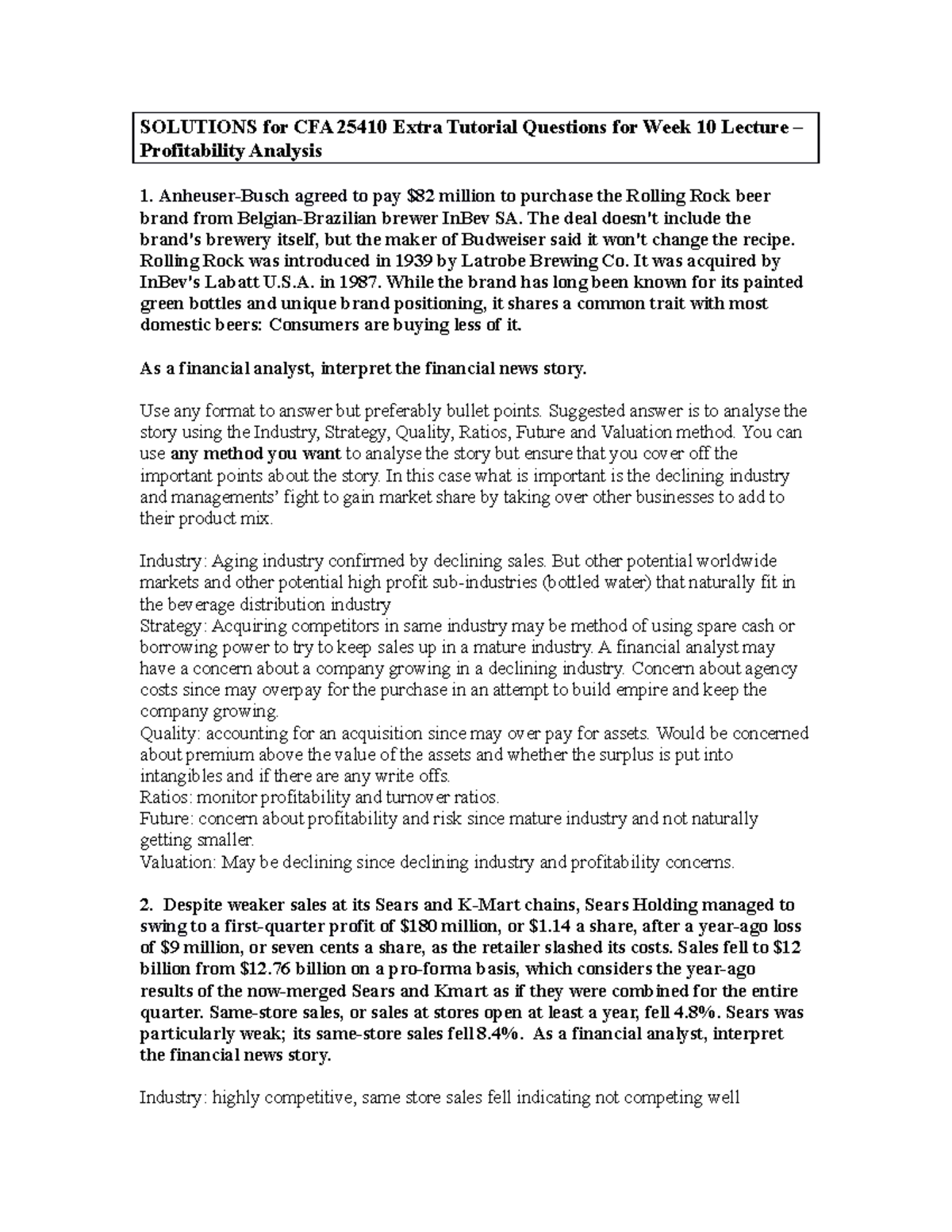 25410 CFA extratutorialsolutions W10 Profitability lecture - SOLUTIONS for CFA 25410 Extra ...